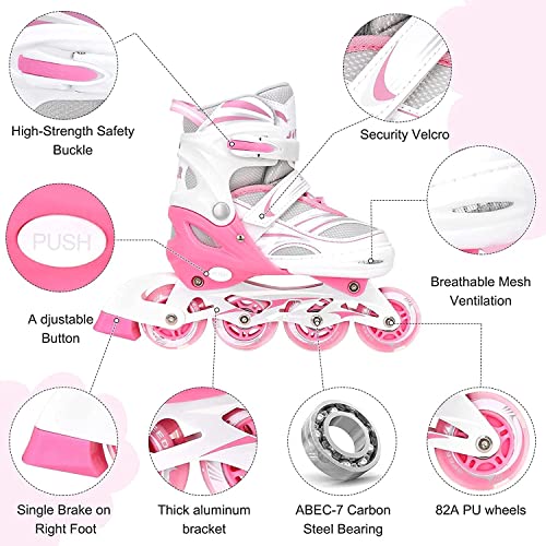 JeeFree 4 Size Adjustable Inline Skate for Kids,Children's Inline Skates with Light Up Wheel,Outdoor Illuminating Roller Blades Skates for Girls,Boys and Beginners