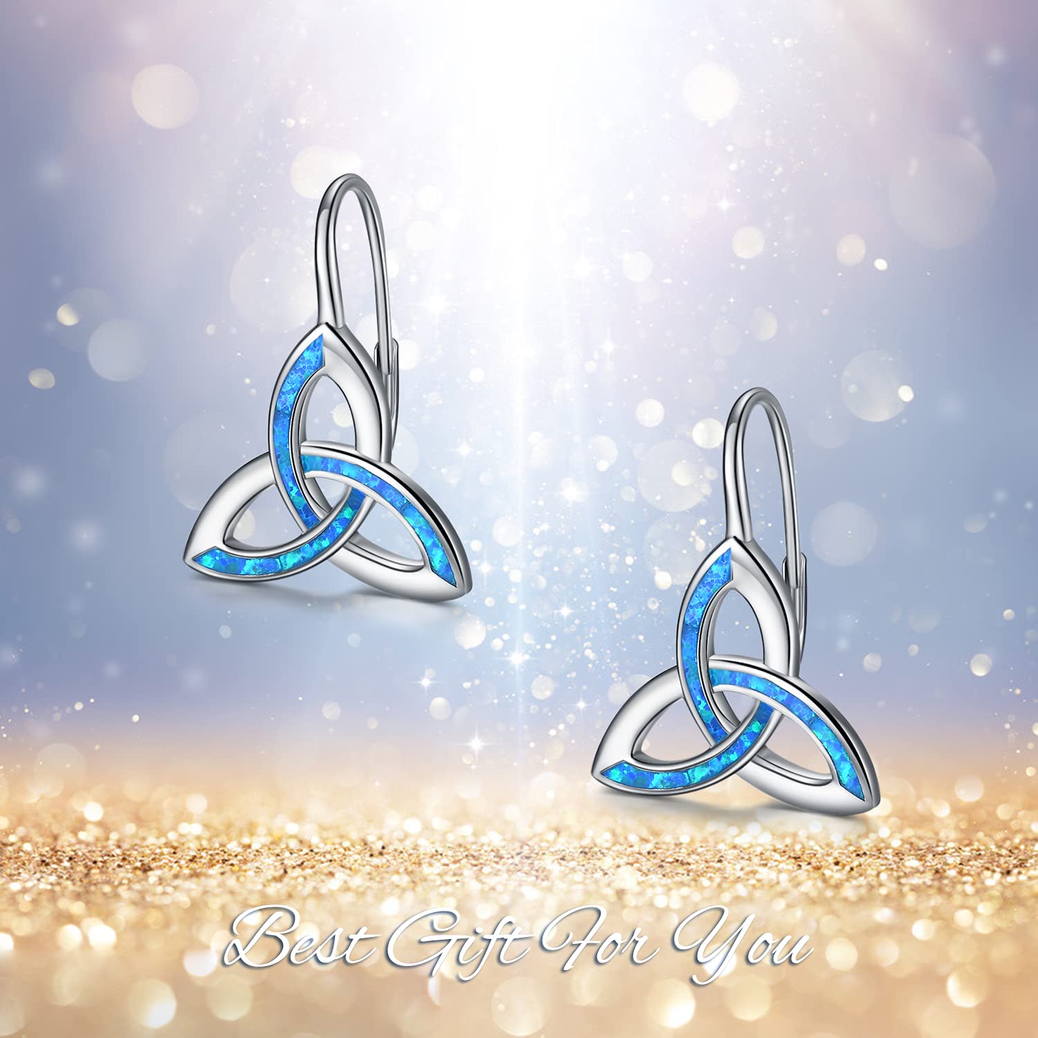 Celtic Trinity Hoop Earrings Sterling Silver Blue Opal Earrings Irish Celtic Jewelry Earrings Opal Leverback Earrings Gifts for Women