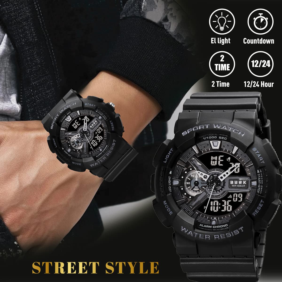 BURK 1688BK Military Wristwatch Men Water Shock Resistant Dual Time Sports Digital LED Display