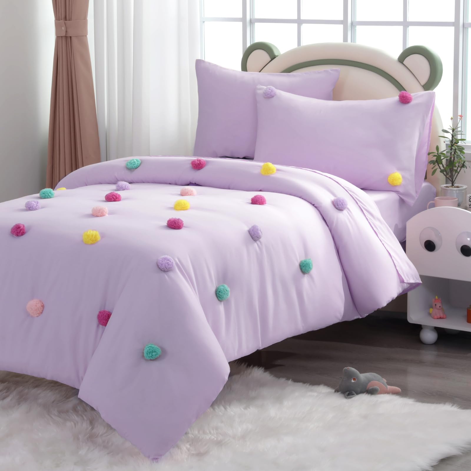 HOMBYS Pom Poms Bedding Comforter Set for Girls, 5 Piece Purple Boho Kids Comforter Set for All Season,Twin/Twin XL Size