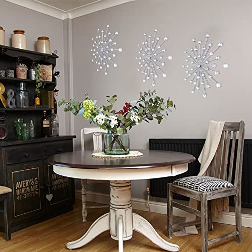 ZEXUIRU 3 Set Silver Metal Jeweled Wall Art Bling Crystal Home Décor Starburst Rhinestone Wall Hanging Diamond Accents