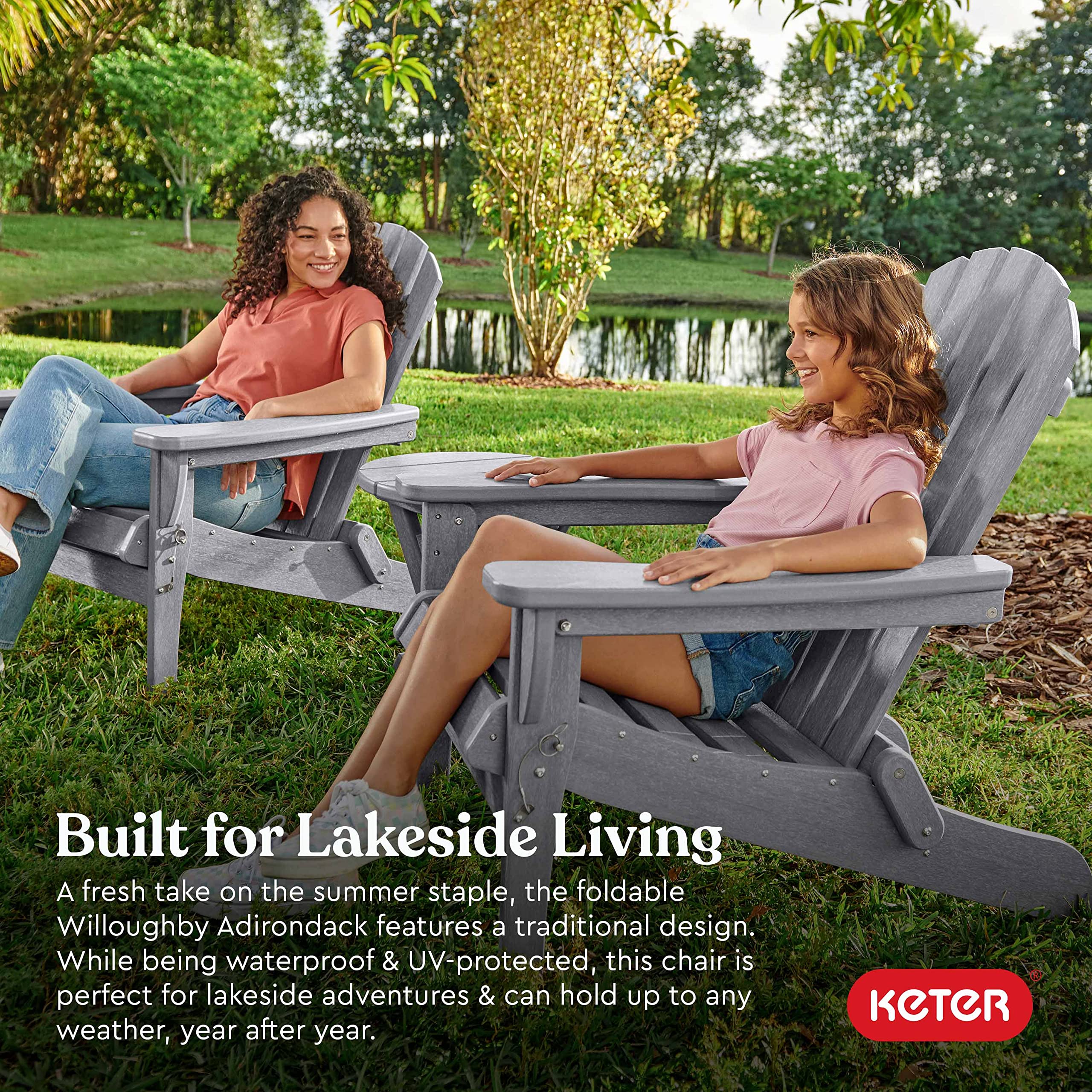 Keter Willoughby Folding Adirondack Chair with Weatherproof Finish, Outdoor Furniture for Entertaining by The Pool, Patio, and Fire Pit, Easy Assembly for Sturdy and Steady Outdoor Seating, Gray