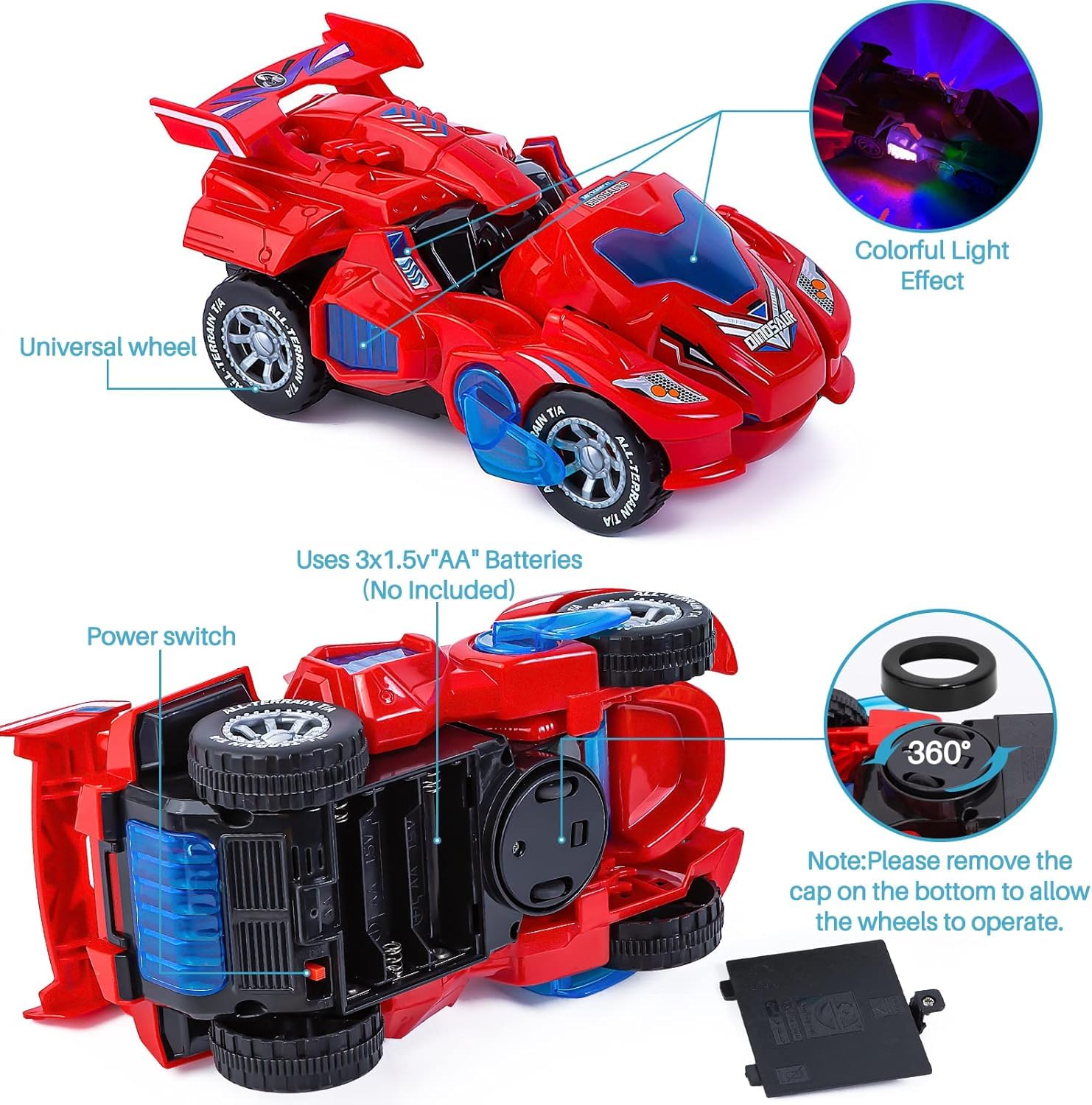 Toy Car,Dinosaur Deformation car,Transforming Dinosaur LED Car, Deformation Car Robot Vehicle Toys (Red)