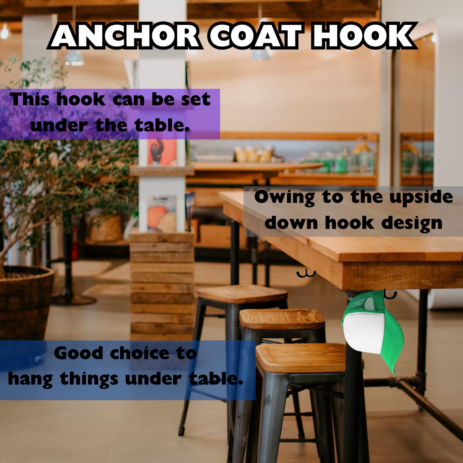 Kethyon Horizontal Double Prongs Hook with Anchor Like Design Suitable to Set Under Table (20 Screws Included) Wall Hanger (10 Pack, Black)