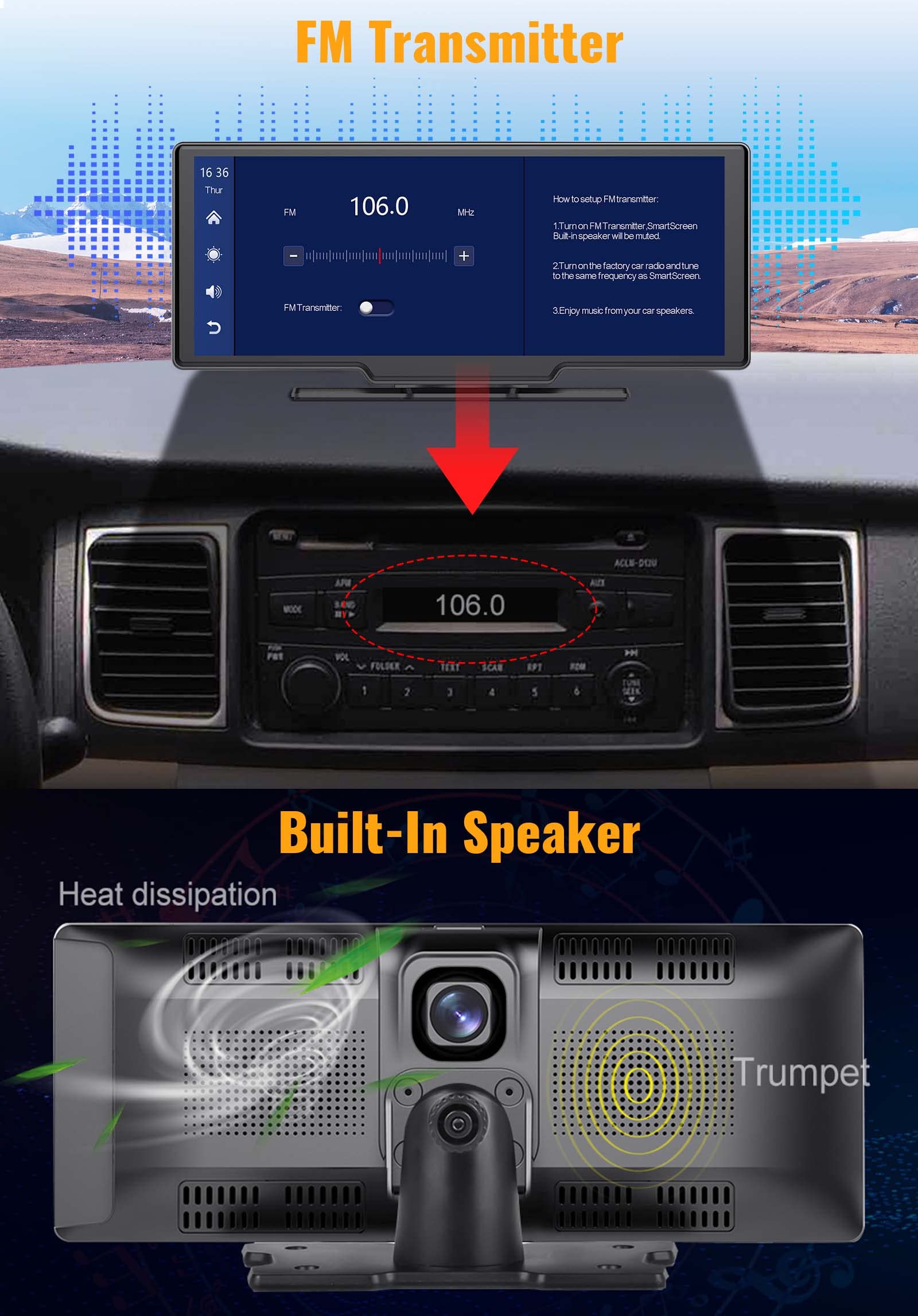 CAMECHO Wireless Apple Carplay Portable Car Stereo Android Auto, 9.3” HD Touchscreen CarPlay Screen, Portable Car Radio Support Bluetooth GPS Voice Control FM Dual Camera + 64G TF Card Car Charger