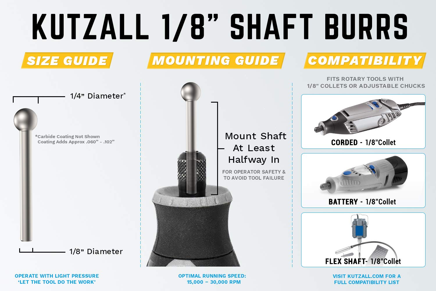 Kutzall Original Sphere Rotary Burr, 1⁄8" Shaft, Fine - Woodworking Attachment for Dremel, Foredom, DeWalt, Milwaukee Tools. Abrasive Tungsten Carbide Coating, 3⁄8" (9.5mm) Head Diameter, S-38-EG