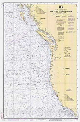 Historic Pictoric Vintage Map - West Coast of North America Mexican Border to Dixon Entrance, 1982 Nautical NOAA Chart - California, Washington, Oregon (CA, WA, OR) - - 44in x 66in