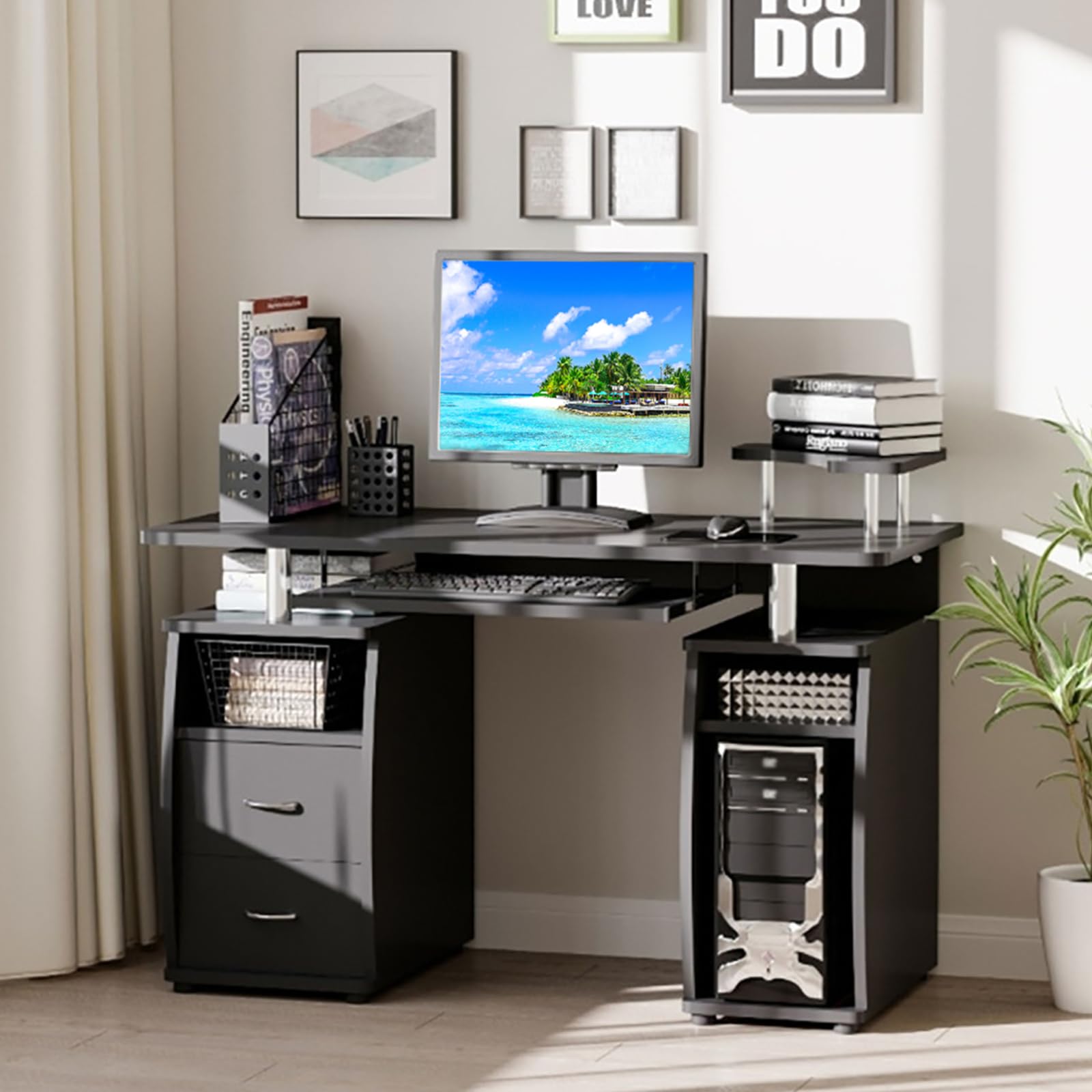 BIVVI 47.25" Computer Desk with Keyboard Tray,Gaming Desk Office Desk File Cabinet w/CPU Stand & Elevated Printer Rack,Industrial Work Desk PC Table Study Desk Organizer for Home Office Bedroom,Black
