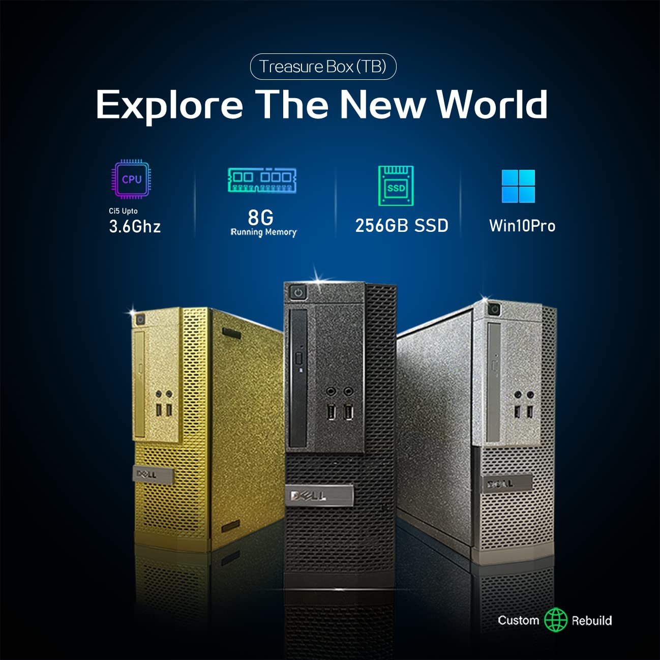 Dell PC Treasure Box Desktop Computer Intel Quad Core I5 up to 3.6GHz, 8GB DDR3 RAM, 256GB SSD, WiFi & Bluetooth, Keyboard & Mouse, DVD, Windows 10 Pro (Renewed) (Glamour Gold)