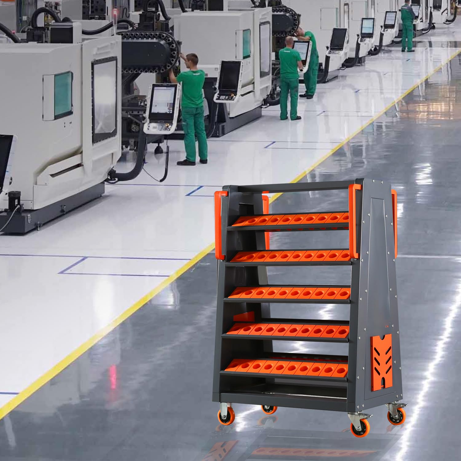 CNC Tool Rack, 5-Row CNC Tools Holder Cart, Mobile CNC Tool Storage Cart, CNC Rolling Carts with Wheels, CAT40 Tool Holder for Storehouse Factory Garage