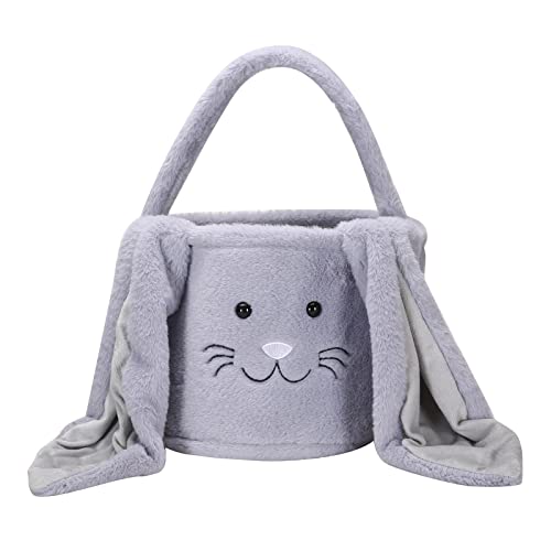 E-FirstFeeling Plush Easter Bunny Basket for Girls Boys Easter Basket for Kids Easter Egg Hunt Basket with Plush Ears Bunny Bucket Tote for Easter Eggs Candy (Plush-Grey)