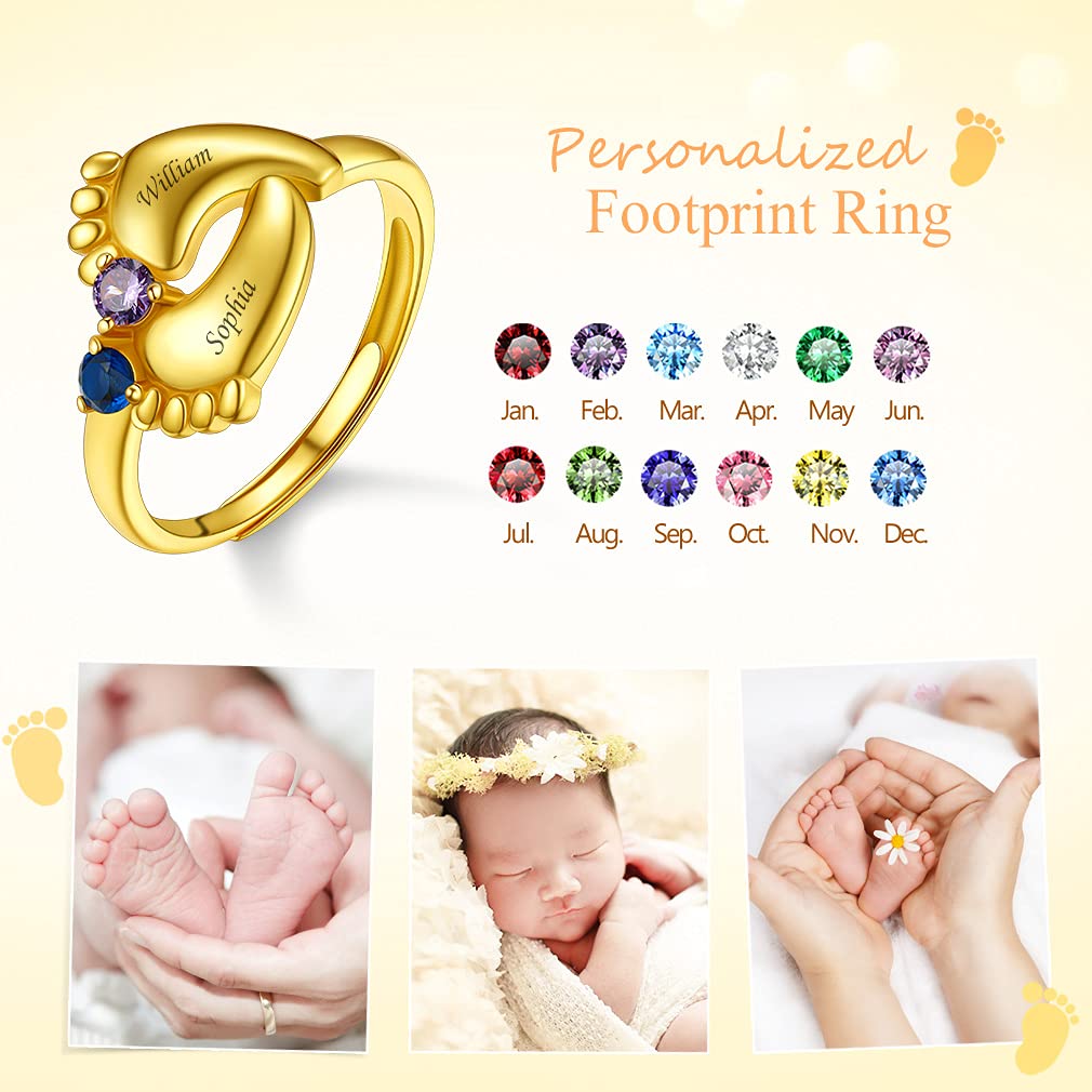 Custom4U Gold Baby Feet Ring 925 Sterling Silver Engraved Mother Open Rings Adjustable Gift for Women Mom Grandma
