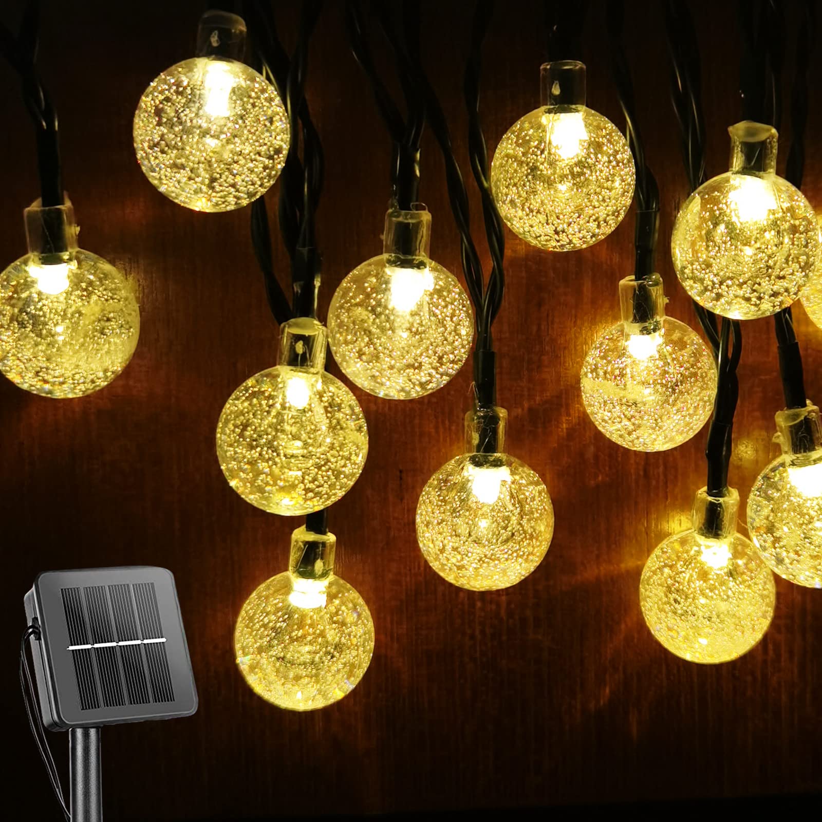Solar Outdoor String Lights 60 LED Waterproof Solar Powered Patio Lights with 8 Lighting Modes, Crystal Globe Lights for Outside Garden Porch Balcony Yard Wedding Party Decor, 35.6FT, Warm White