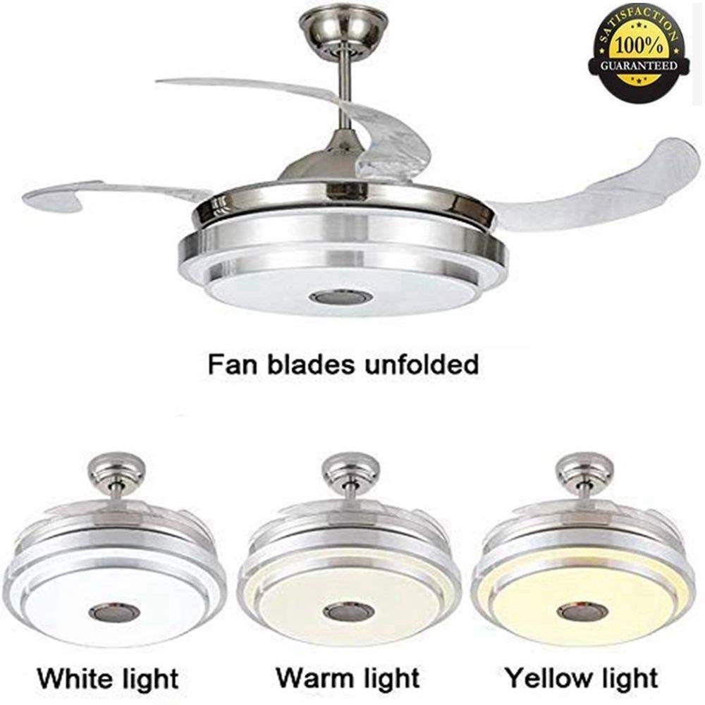 Carmyra 42 Inch Modern Retractable Ceiling Fans with Light Smart Bluetooth Music Player Chandelier 7 Colors Invisible Blades with Remote Control