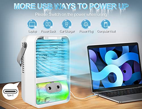 Portable Air Conditioner Fan, Personal Space Air Cooling Fan for Home Office Room, Personal Evaporative Cooler & Humidifier, with Handle/LED Light/Humidifier, for Small Room/Dorm/Bedroom/Camping