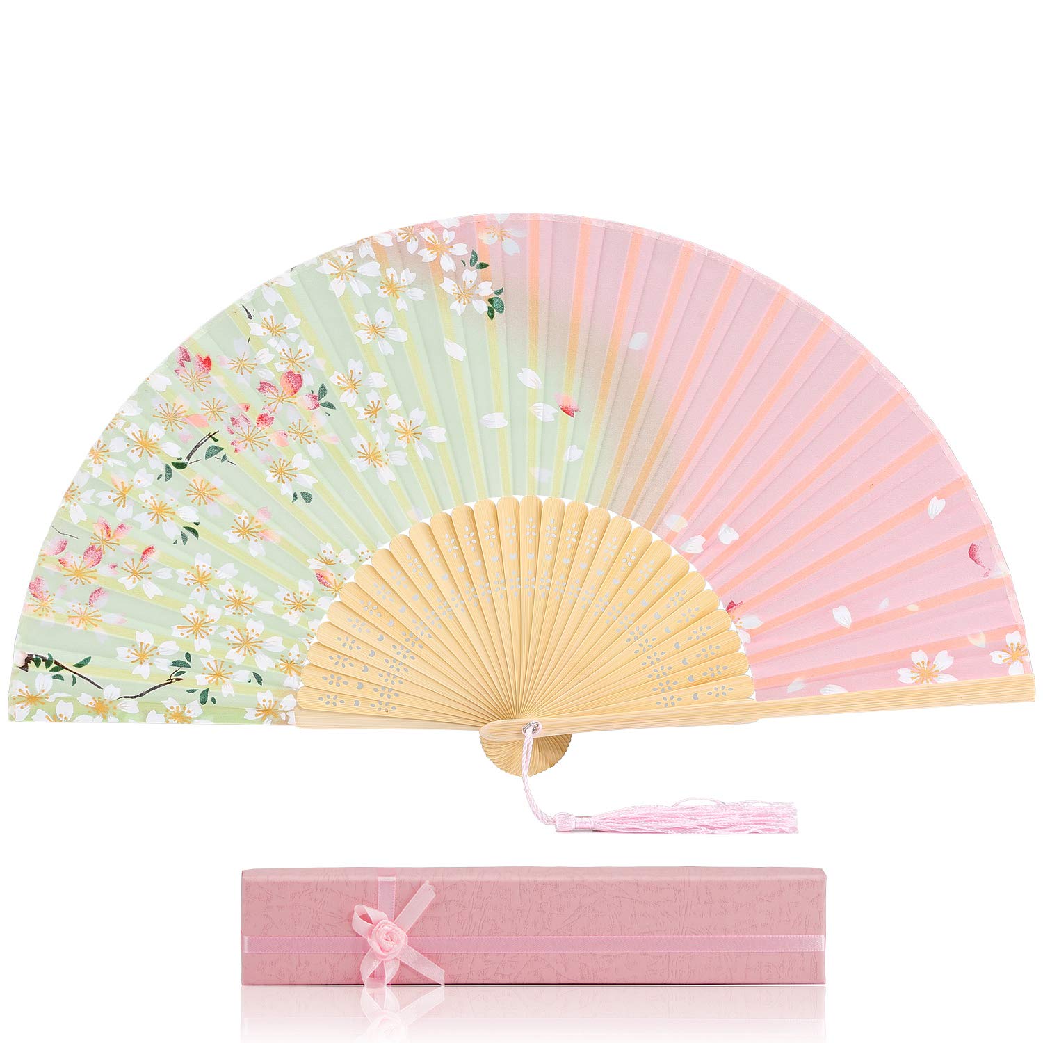 BingGoGo Hand Fan Women Folding Hand Held Silk Fan,8.27"(21cm) Hand Held Folding Fans,Chinese/Japanese Vintage Retro Style,Gift Box Packaging (Pink-3)