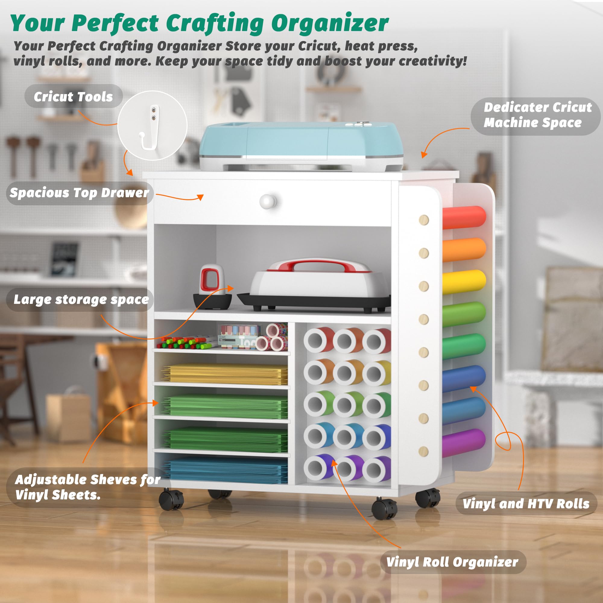 Craft Organization and Storage Cart Compatible with Cricut Machines, Featuring Vinyl Roll Holder and Drawers, Rolling Craft Storage Cabinet and Workstation for Craft Room and Home
