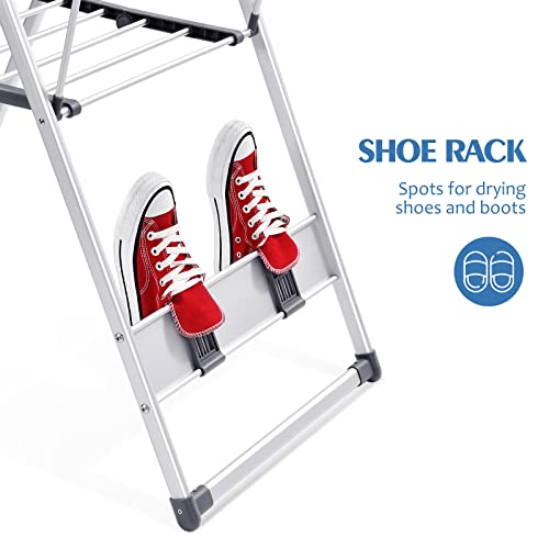 TOOLF Clothes Drying Rack, Aluminum Foldable 2-Level Drying Racks for Laundry, Large Foldable Laundry Stand with Height-Adjustable Gullwings, Sock Clips Hooks for Bed Linen, Clothing, Socks, Scarves