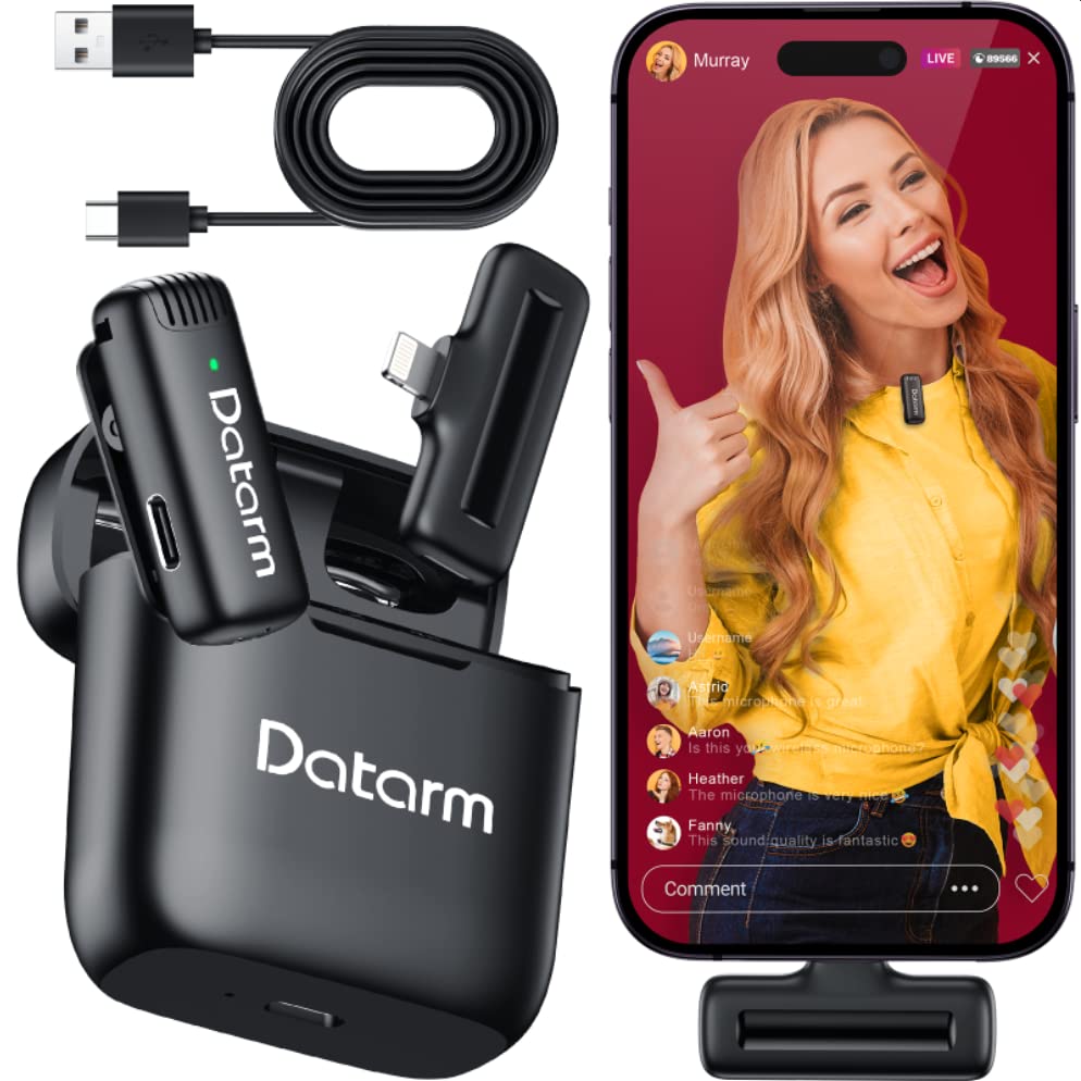Datarm Wireless Lavalier Microphone for iPhone/iPad, Plug-Play Lapel Microphone Wireless with Charging Case, Microphone for iPhone Video Recording, Tiktok, Facebook Live, YouTube, Live Streaming
