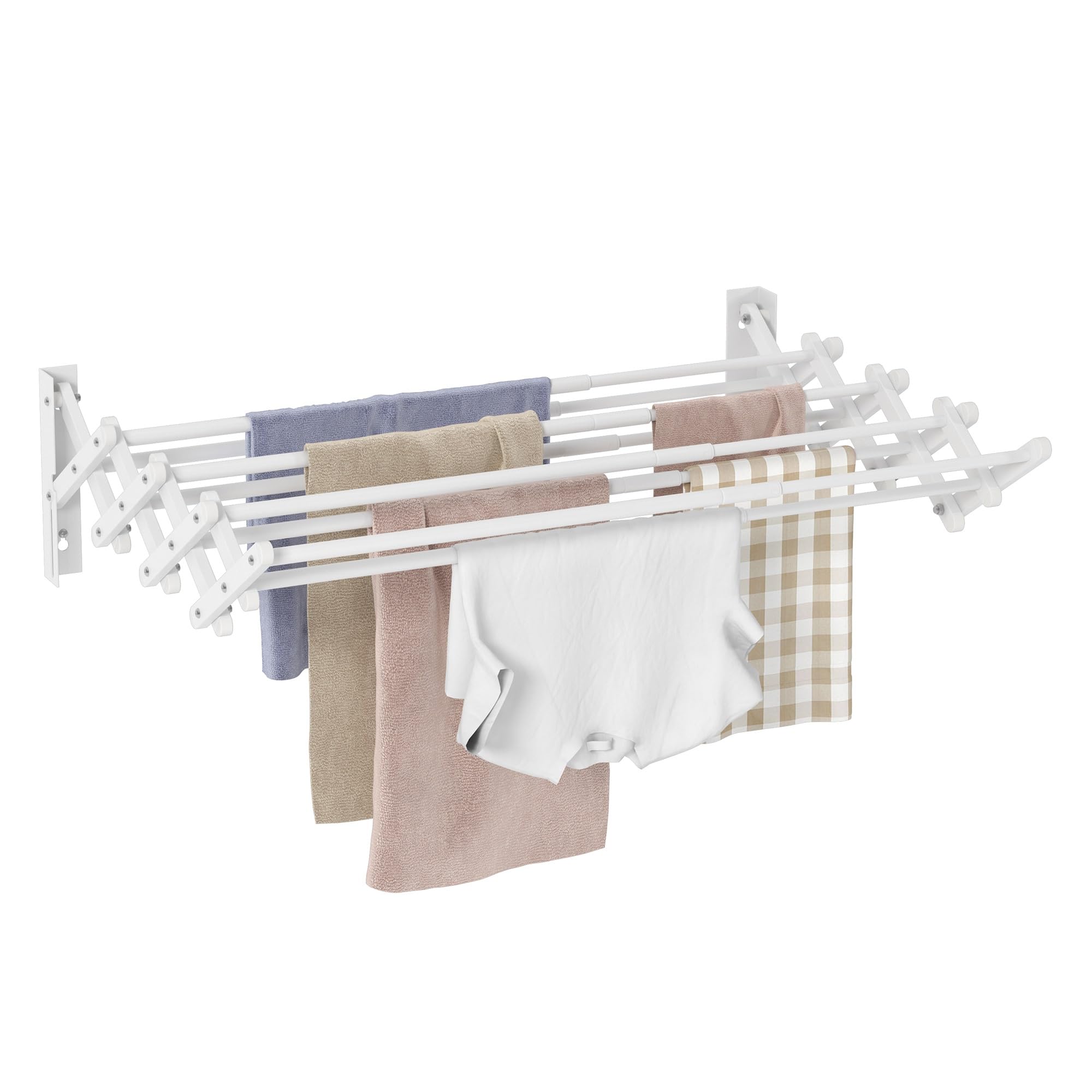 FKUO Metal Folding Clothes Drying Rack, Wall Mounted Clothes Hanger Rack, Retractable Collapsible Laundry Drying Rack, Towel Rack Space Saver (White)