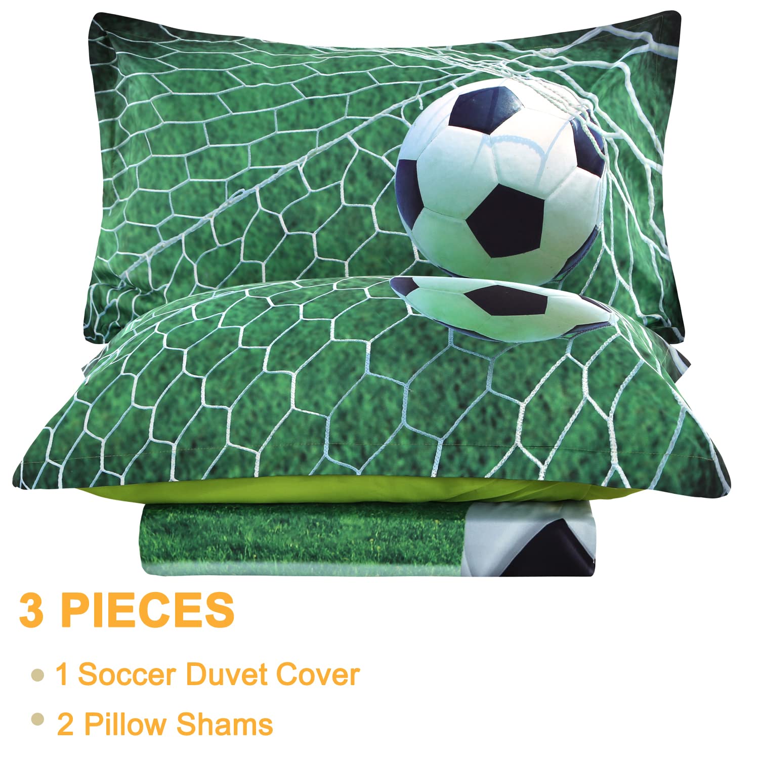 ENJOHOS Green Kids Duvet Cover Queen, 3 Piece 3D Soccer Bedding for All Season, Sports Theme Microfiber Comforter Cover Set with 2 Pillowcase(No Comforter No Fitted Sheet)
