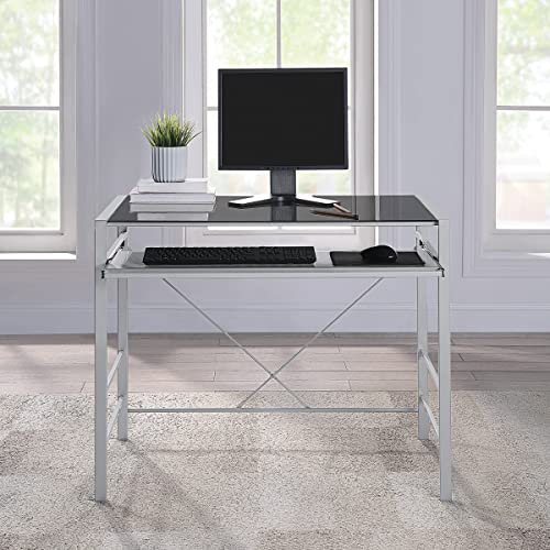 OSP Home Furnishings Zephyr Computer Desk with Keyboard Shelf and Tempered Glass Top, Black Glass and Silver Frame