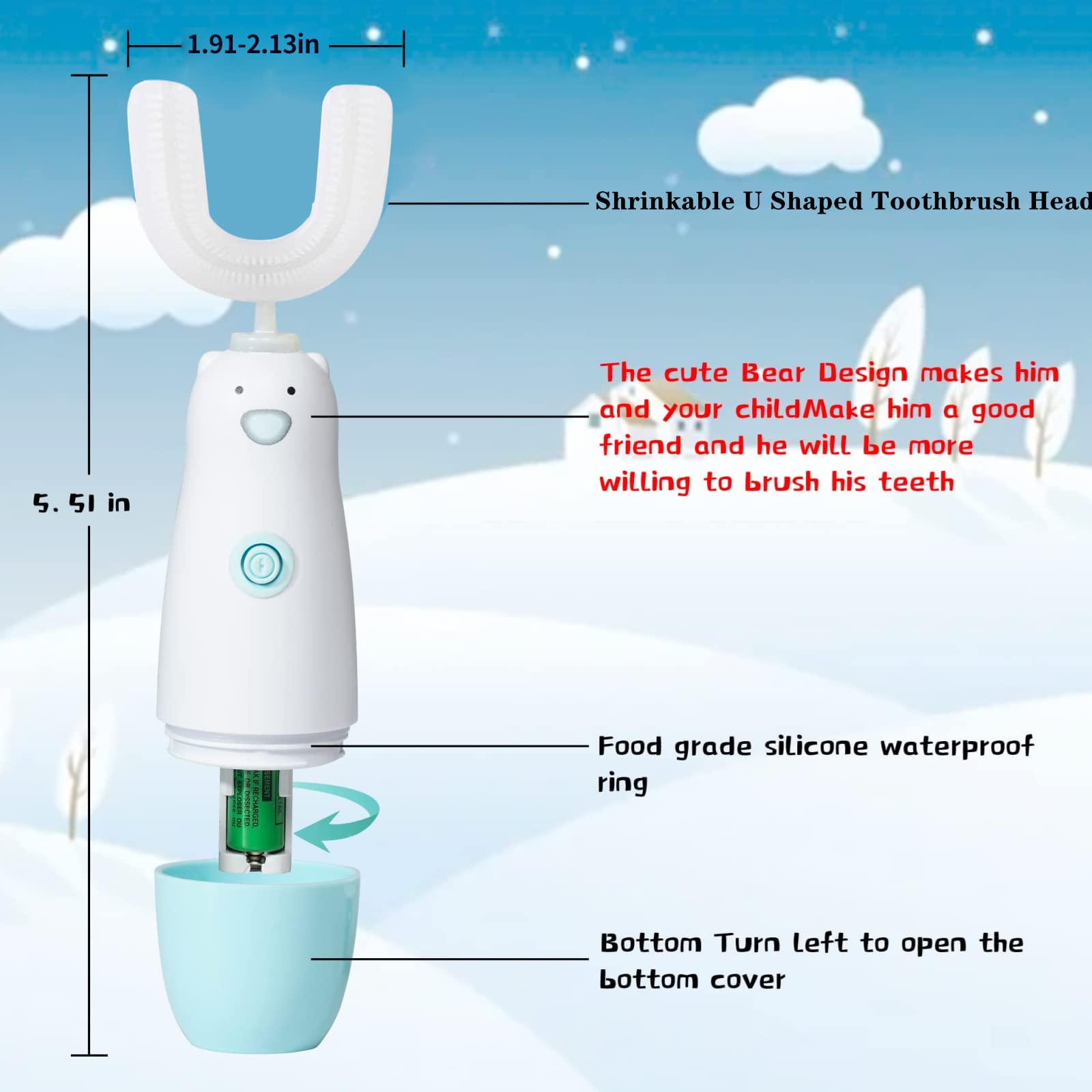 Meqtpomy Kids Electric Toothbrush,6 Cleaning Models U Shaped Toothbrush Waterproof Battery Powered 360 Automatic Sonic Toddler Toothbrushes for 8-13 Years Old for Boys Girls(Blue)