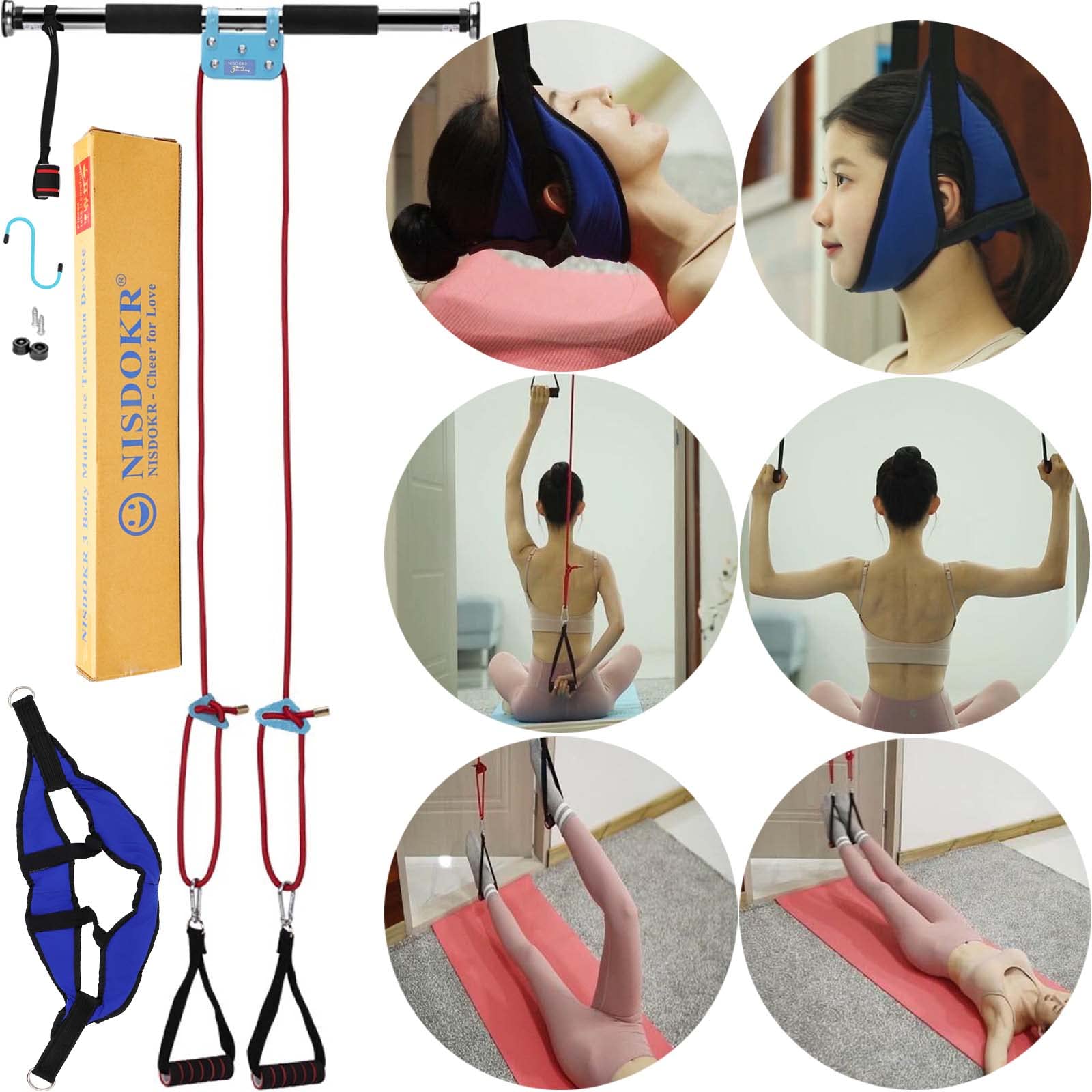 NISDOKR Multi Exercise Doorway Traction Device - Home Rehab Station for Shoulder, Waist, and Neck Recovery - Pull Up Bar, Pulley System, Cervical Hammock for Pain Relief and Flexibility