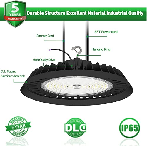 OSTEK 2Pack UFO led high Bay Light 150W, 0-10V Dimmable High Bay LED Lighting Fixture, 5000K, US Hook 5' Cable Barn Workshop Bay Lighting for Garage/Commercial Warehouse/Wet Location
