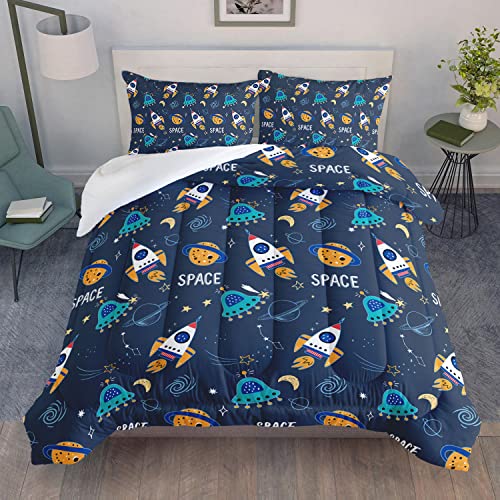 Datura home Kids Space Ship Bedding Comforter Set Galaxy Rocket Printed Pattern Bedding Set with 1 Comforter and 2 Pillowcases for Boys Bedroom All Season(Galaxy Ship Full) Full 80x90''