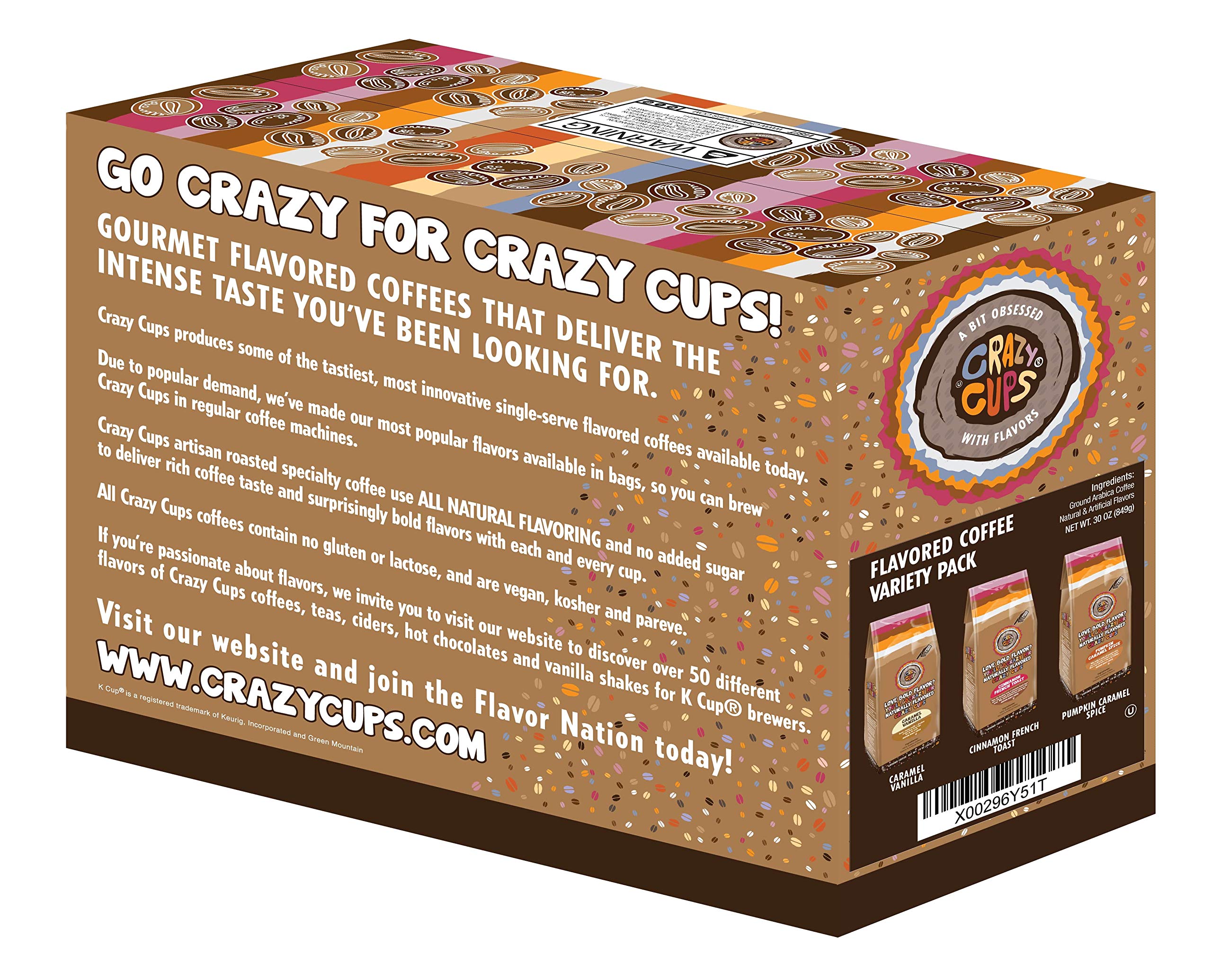 Crazy Cups Flavored Ground Coffee Variety Pack, Includes Cinnamon French Toast, Caramel Vanilla, Pumpkin Caramel Spice, in 10 oz Bags, For Brewing Flavored Hot or Iced Coffee, Variety 3 Pack