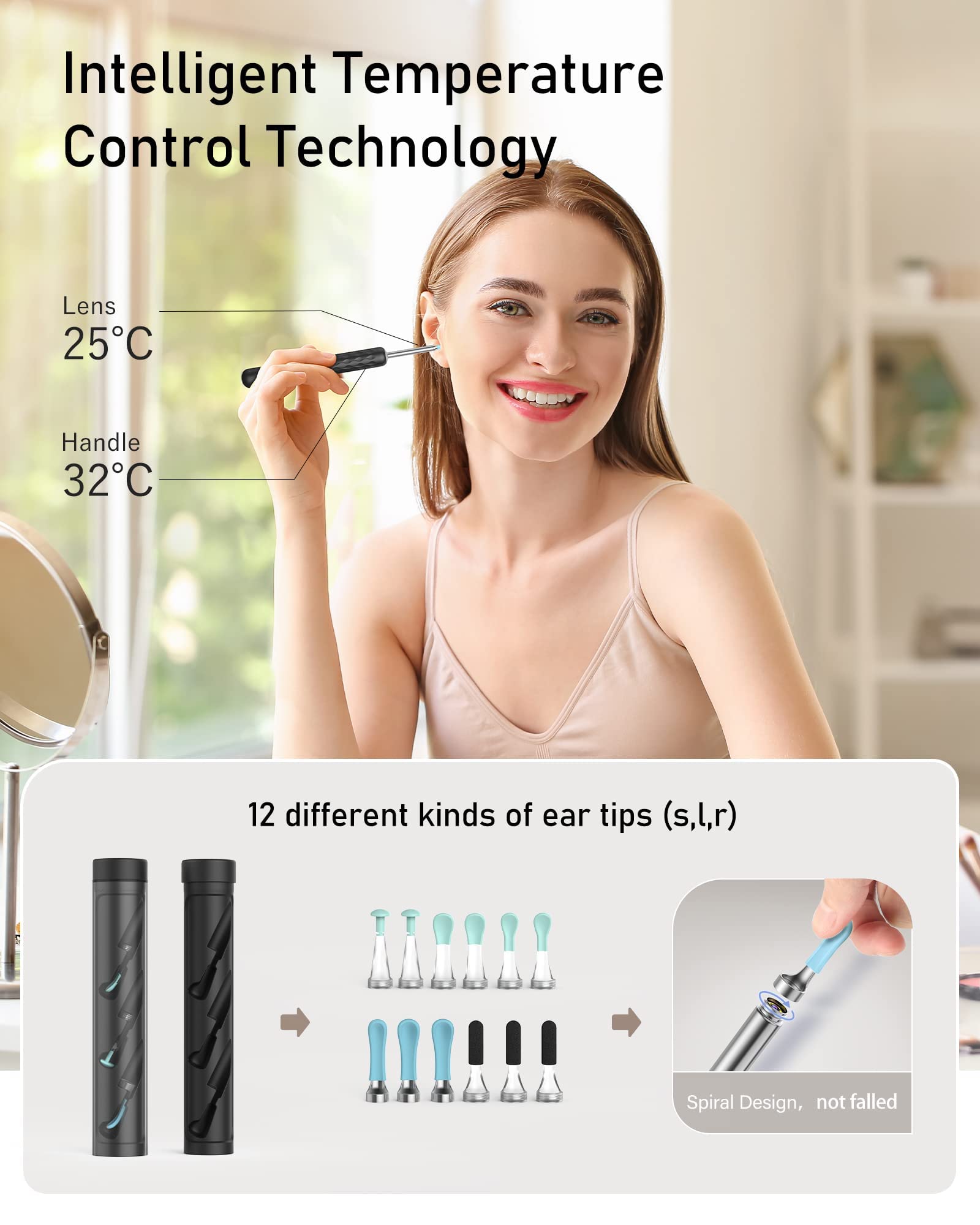 Ear Wax Removal Kit, with 1440P HD Camera and 6 LED Lights, and Deep Cleaning Blackhead Remover, Ear Cleaner for Smaller Ears,FDA Ear Wax Removal Tool for iOS,Android Phones-Black