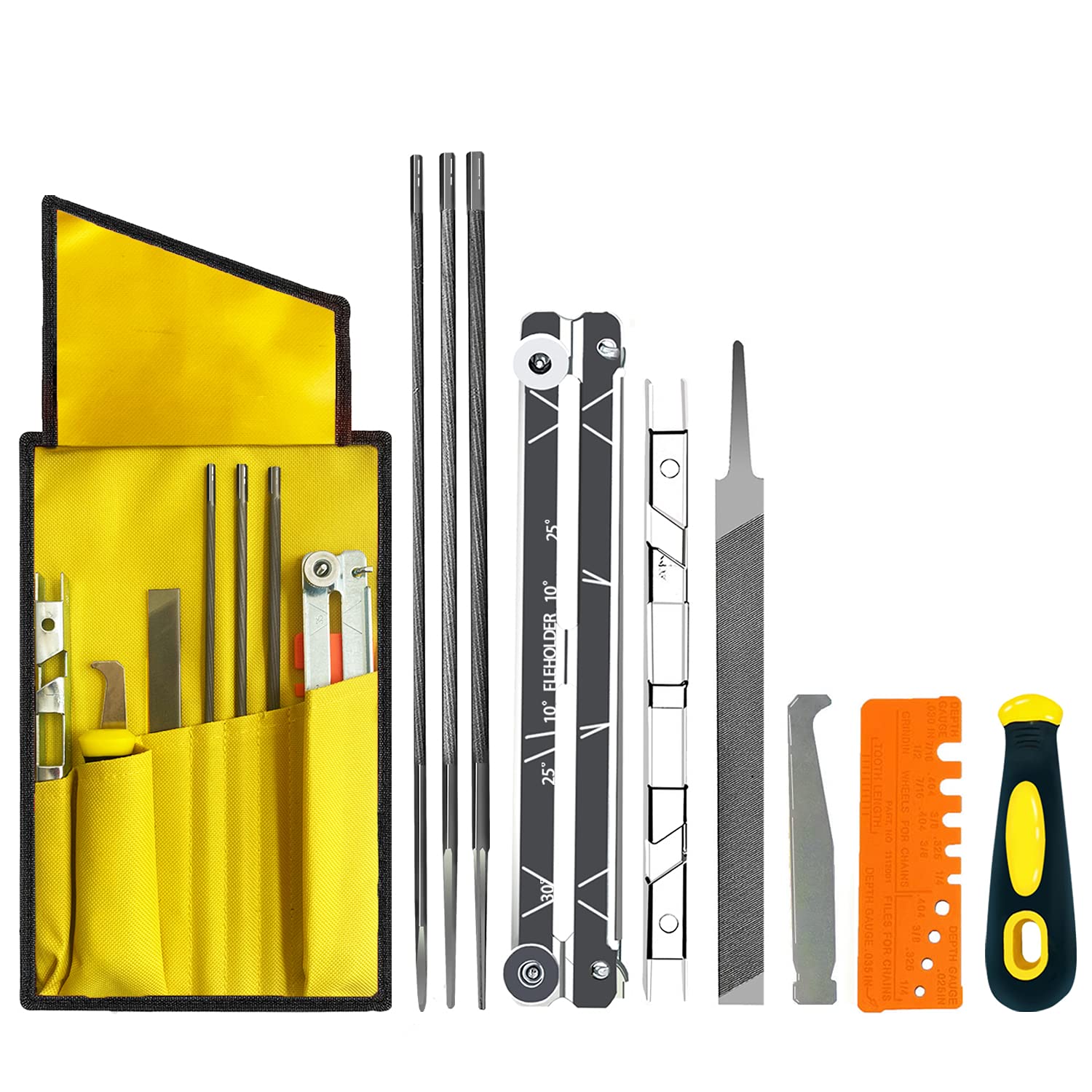 Chainsaw Sharpener File Kit (Flat File,5/32,3/16,7/32 Round Chainsaw Files,Depth Gauge,File Guide,Quick Check Gauge,Cleaner,Handle,Pouch) - Sharpening All Brand Chains Blades and Teeth - 10pcs Set