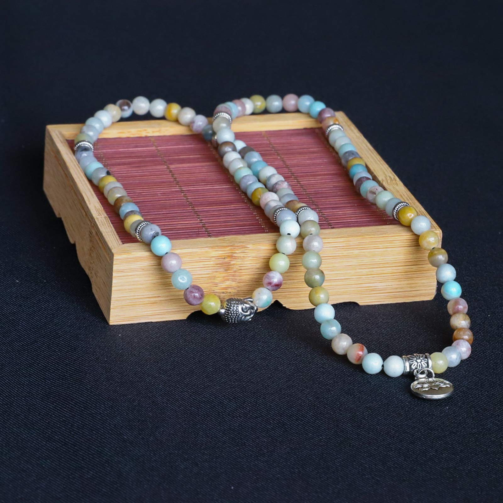 Bivei 108 Mala Beads Necklace Beaded Wrap Bracelets Genuine Gemstone Mala Prayer Beads Lotus Charm Yoga Meditation Necklace - -Amazonite