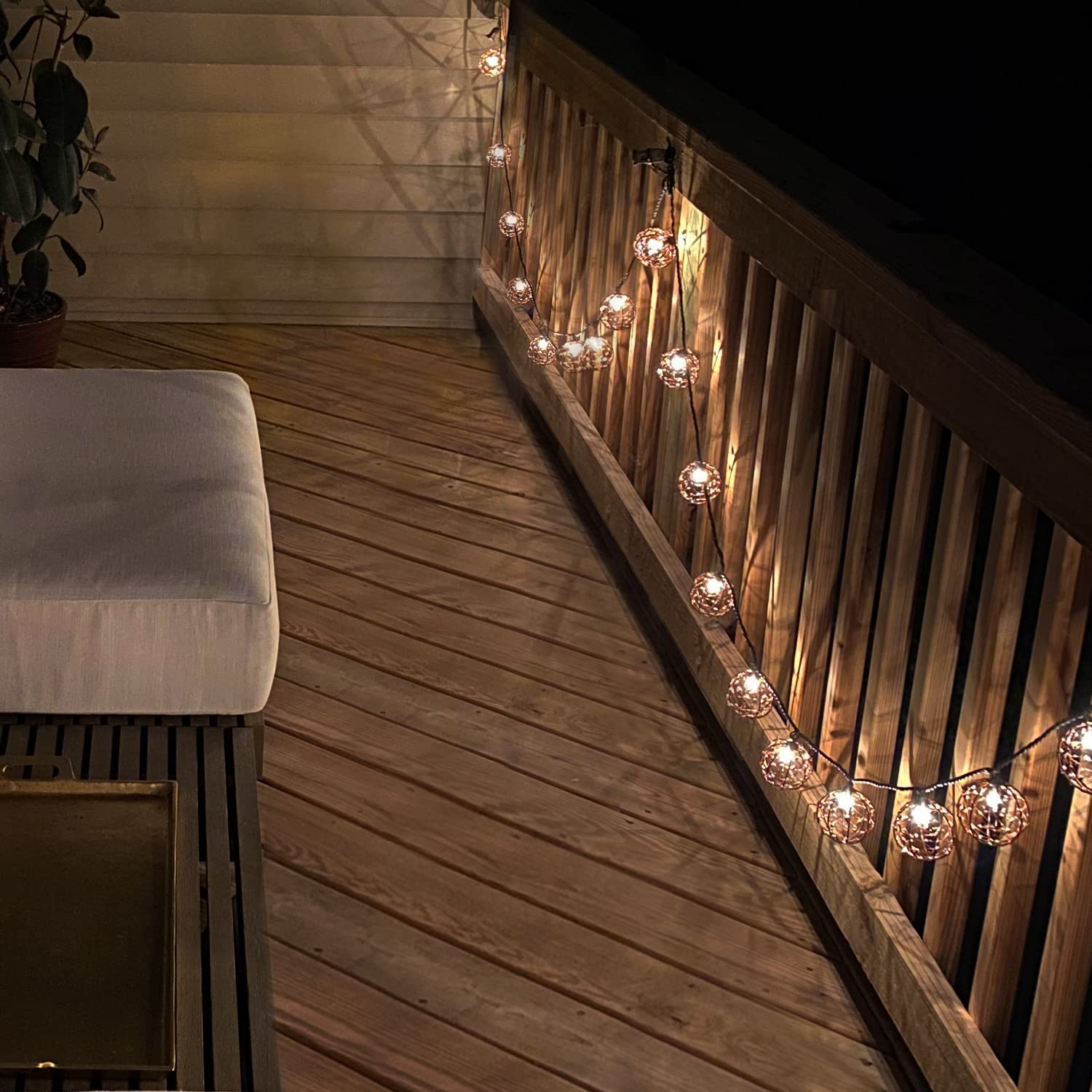 Solar Rattan Ball String Lights Outdoor Waterproof 8.5ft Led Decorative Light with Beaded Copper, Rattan Ball Outside Lighting for Christmas, Patio,Party, Backyard, Porch, Garden, Balcony, Warm White