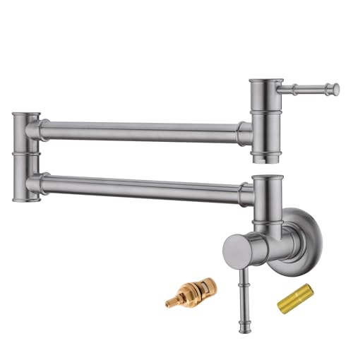 GICASA Pot Filler Faucet Wall Mounted, Double Joint Swing Arm Single Hole Pot Filler Faucet Brushed Nickel, Two Handles Brass Folding Stretchable Kitchen Faucet Pot Filler