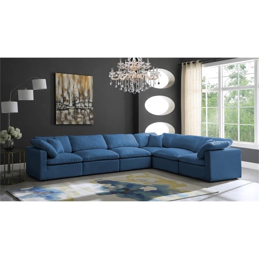 Meridian Furniture 602Navy-Sec6A Plush Collection Contemporary Down Filled Comfort Overstuffed Velvet Upholstered Modular L-Shaped Sectional 6-Seater Navy