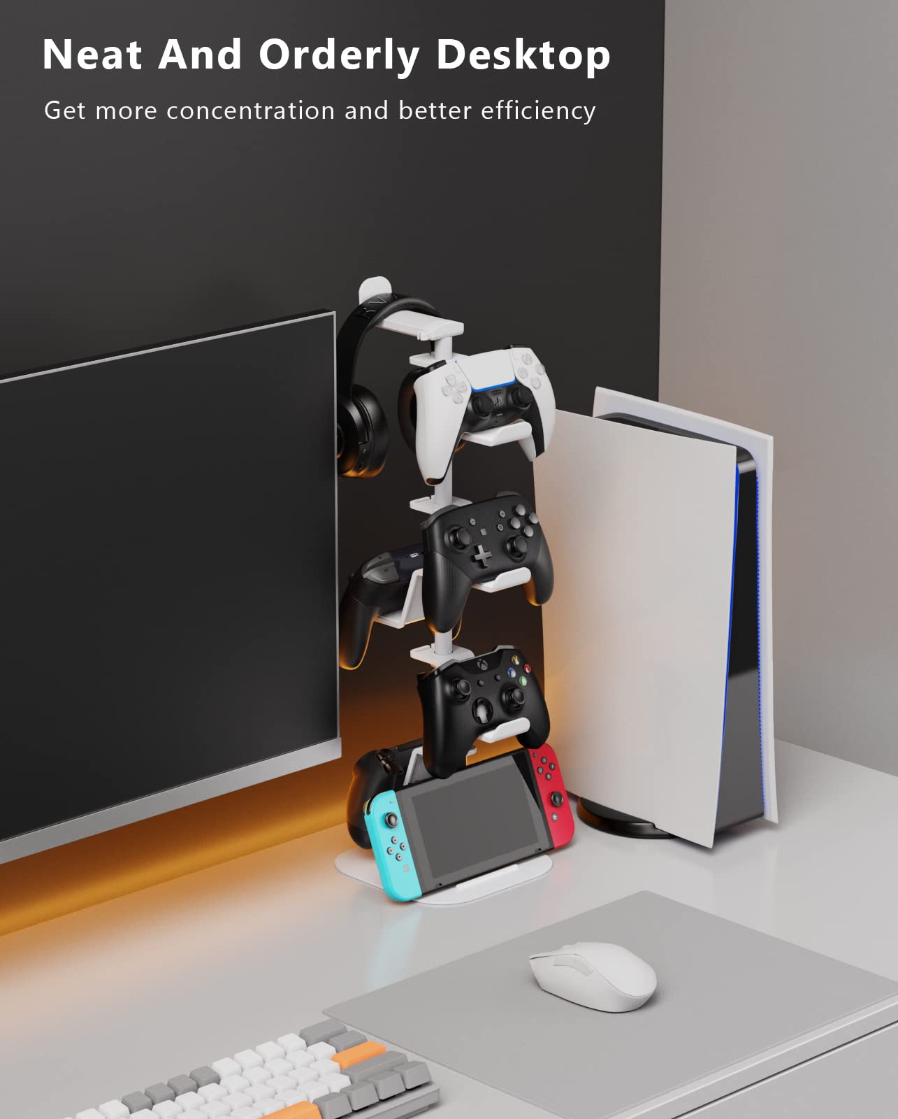 MiiKARE Controller Holder 6 Tiers with Headphone Holder, Adjustable Gaming Controller Headset Stand, Game Controller Stand for All Xbox PS4 PS5 Switch Pro Crontroller Gaming Accessories - White