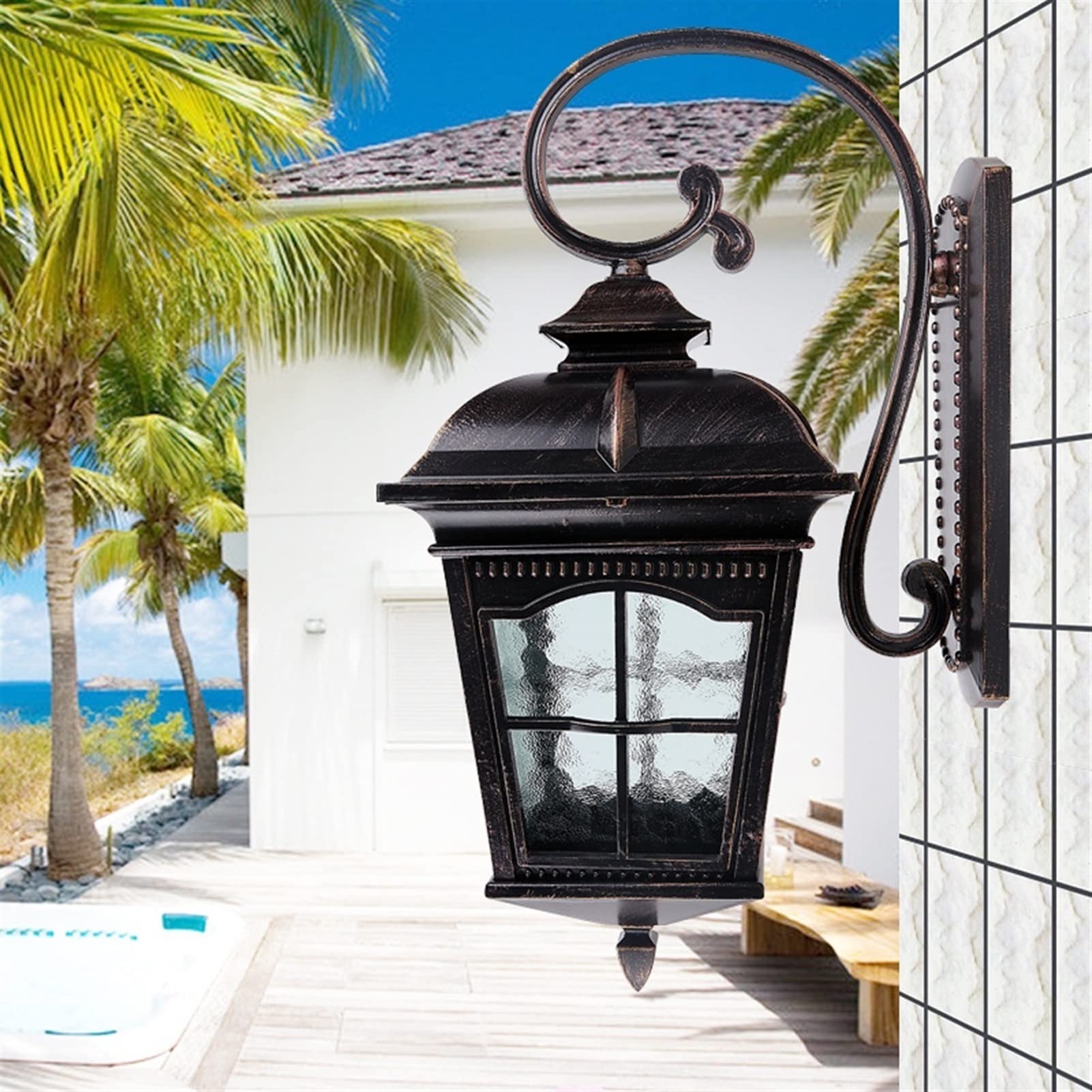Zziyj Aluminum Waterproof Glass Cross E27 Waterproof Wheel Mall Hotel Home Garden Exterior Wall Light Lantern Rainproof Retro Victoria Classic Wall Lamp Balcony Terrace Wall Sconce