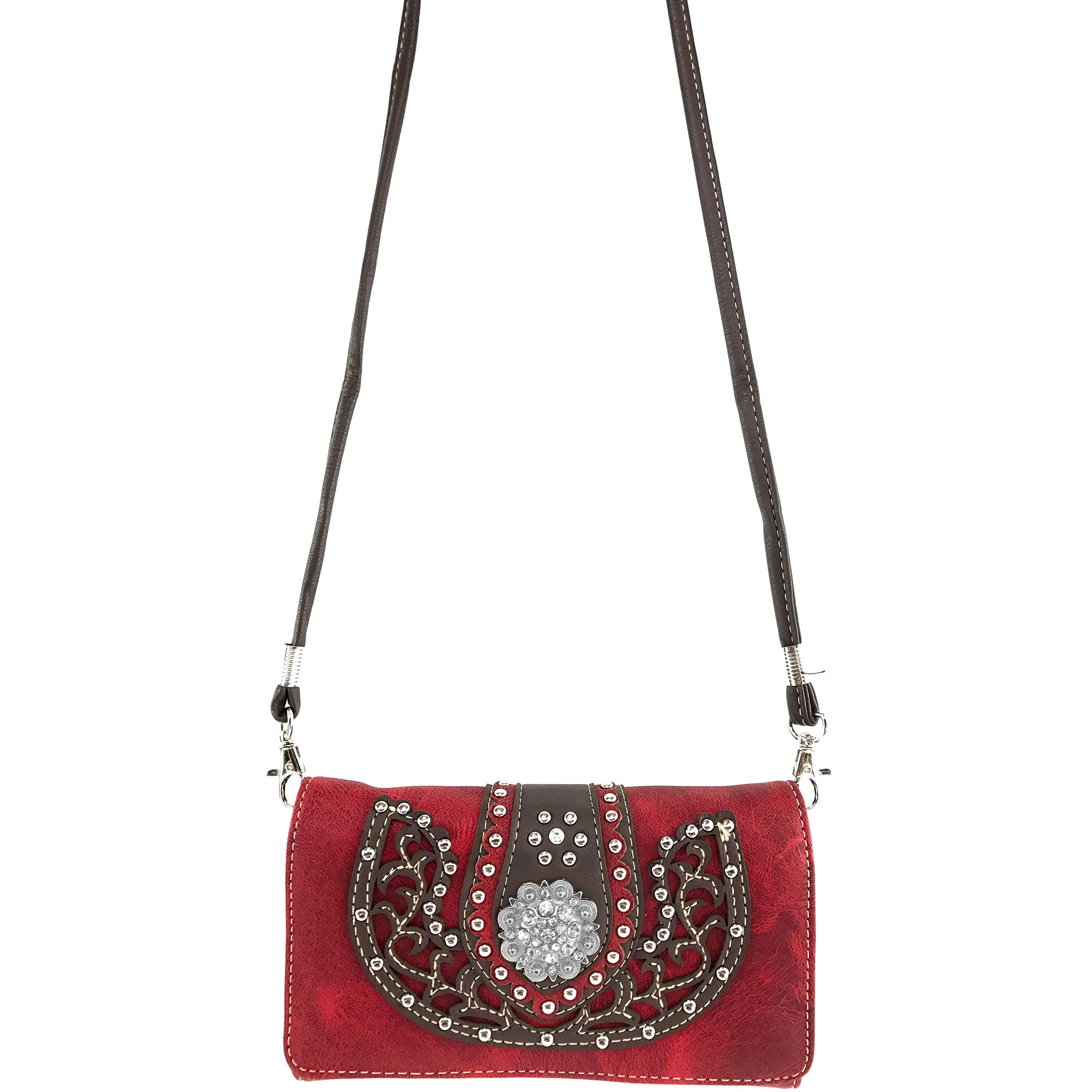 Zelris Western Albino Western Floral Buckle Conceal Carry Women Crossbody Trifold Wallet (Red)