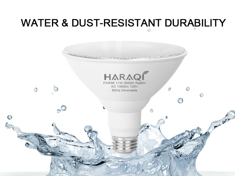 haraqi 2 Pack 120V E26 Base PAR38 11W LED Flood Dimmable Light Bulb, 1300LM 5000K Daylight White Light, 100W Equivalent Reflector Flood Replacement Light Bulbs