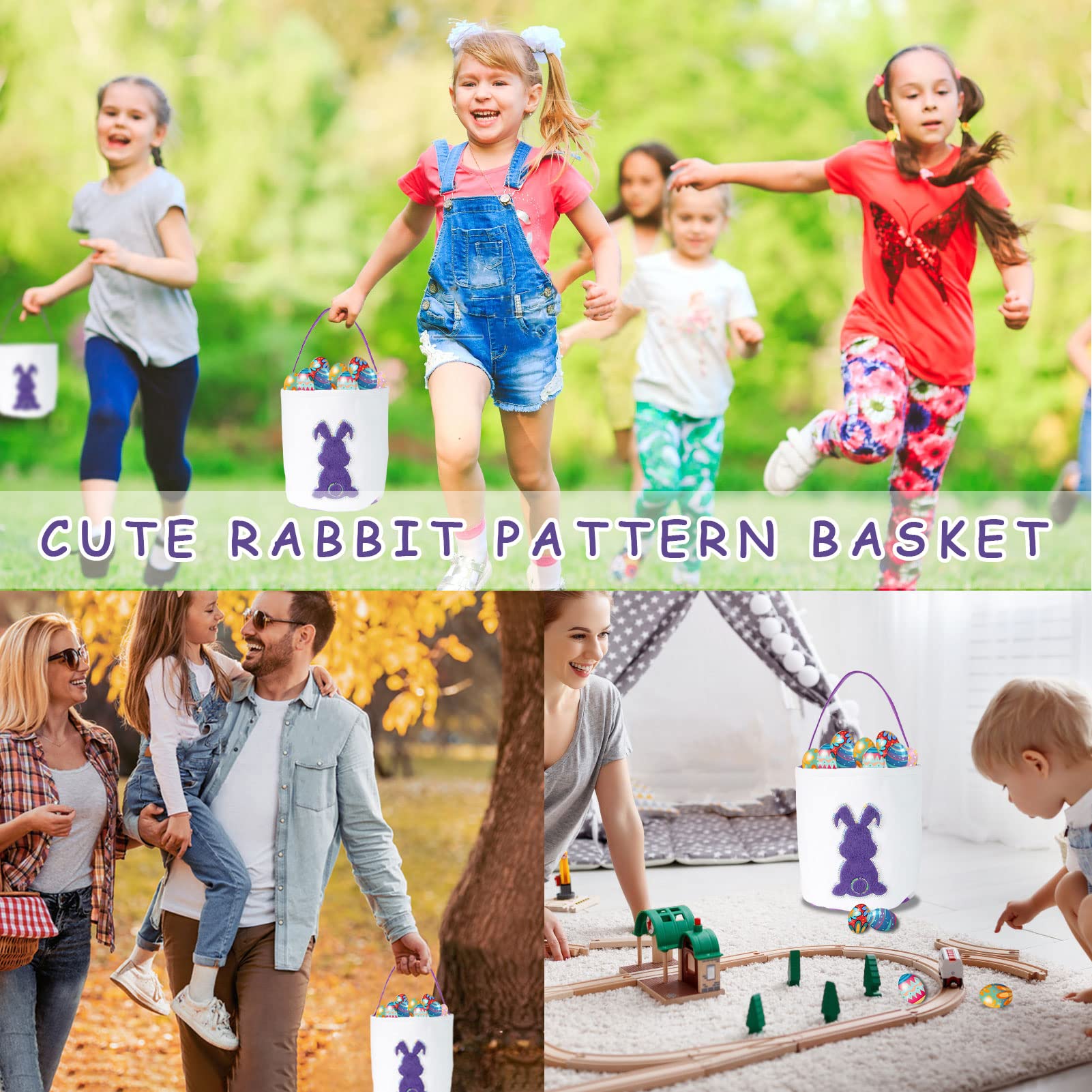 Easter Basket for Kids Easter Bunny Bag Easter Decorations, Easter Bunny Basket Bags Canvas Cotton Personalized Egg Basket Hunt Bags Cute Rabbit Print Buckets for Easter Eggs, Candy, Gift (Rose)