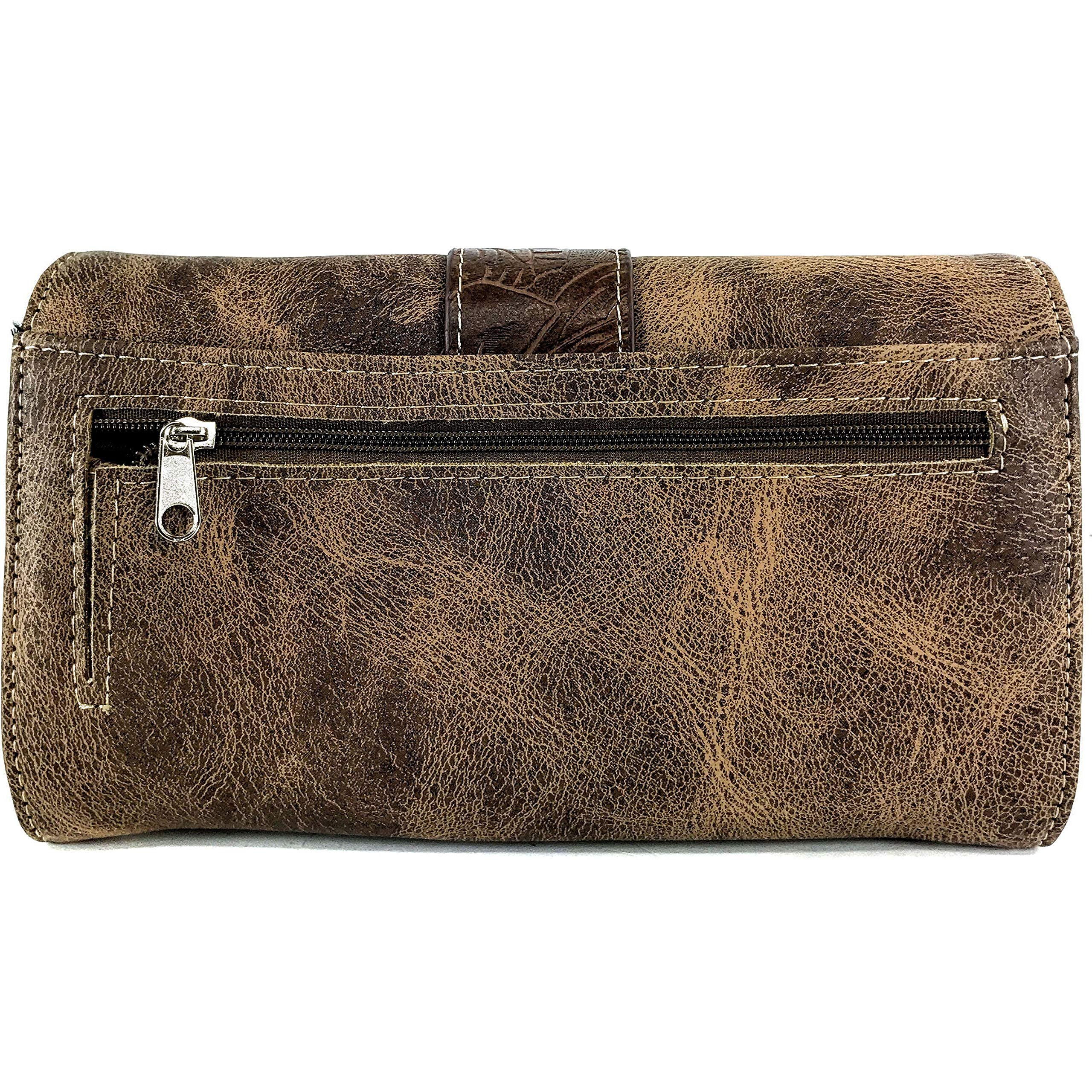 Zelris Western Country Floral Buckle Crossbody Trifold Fold Wallet (Brown)