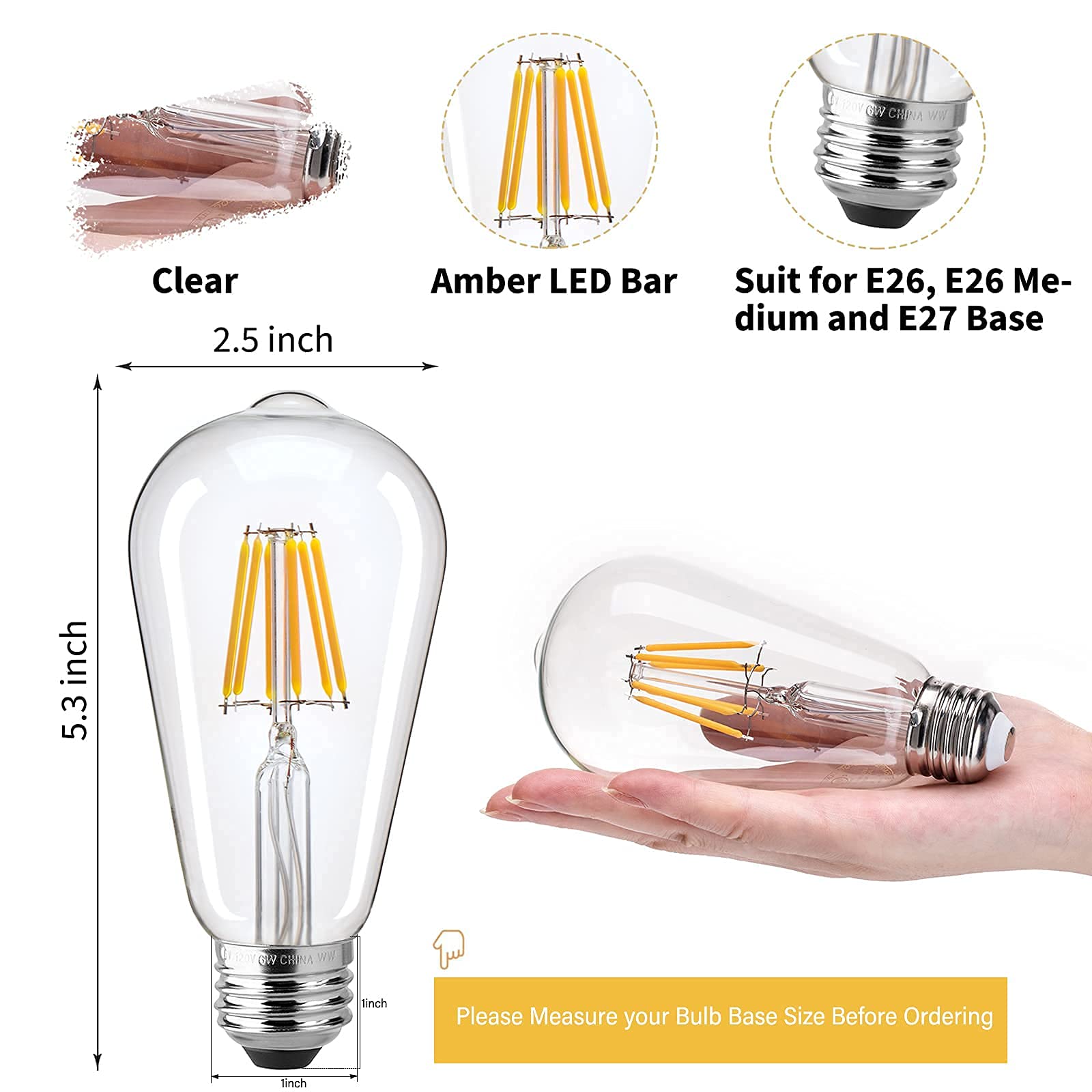 Brightown Edison Bulb, 6 Packs 540 Lumen 6W LED Bulbs 60 Watt Equivalent, Dimmable E26 Vingtage LED Light Bulbs, 2700K Warm White Clear Bulbs