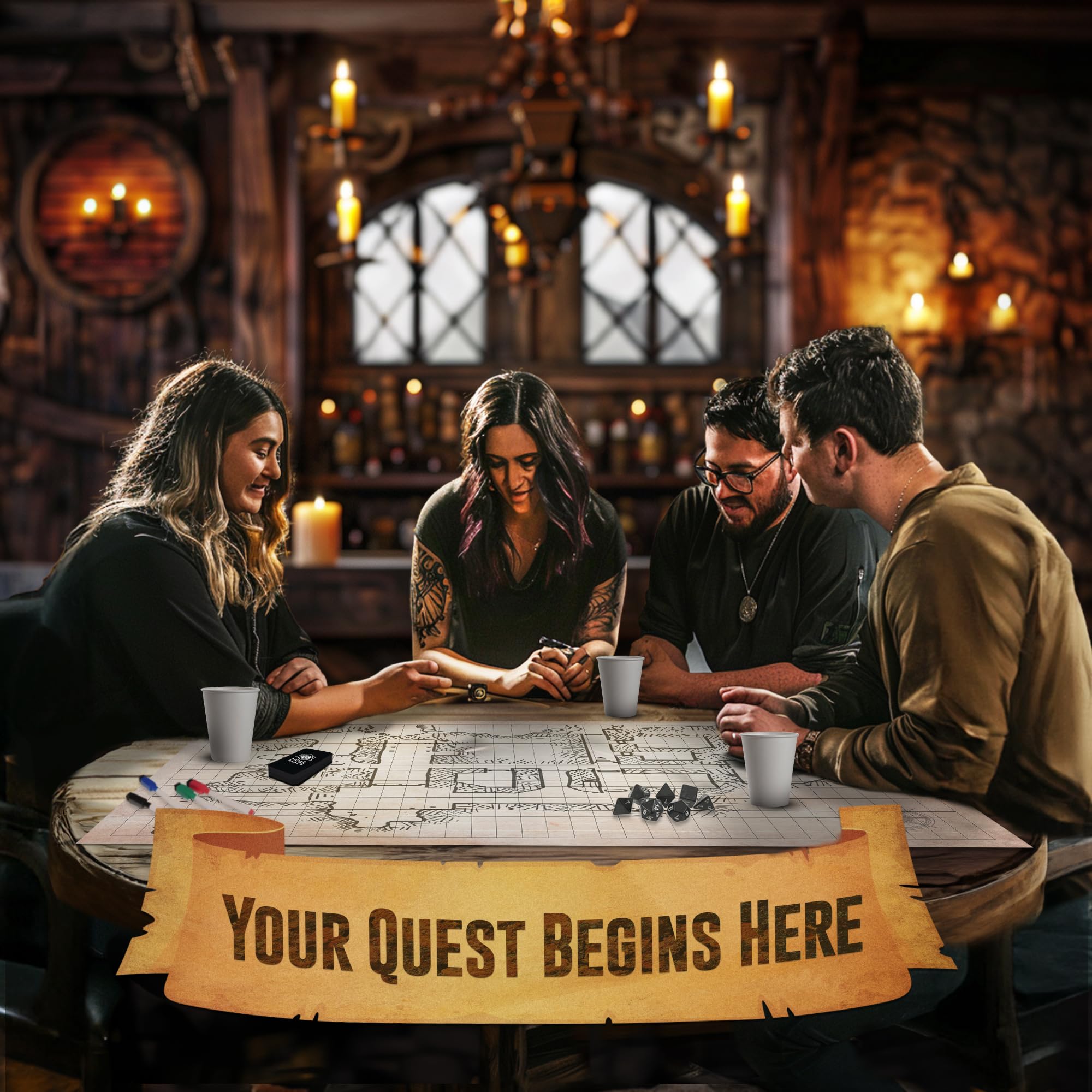 Melee Mats DND Map Starter Kit for Dungeons & Dragons Game - 23β x 27" Double Sided, Wet/Dry Erase Battle Terrain Grid - Ultimate Tabletop Board Gaming Experience with Accessories