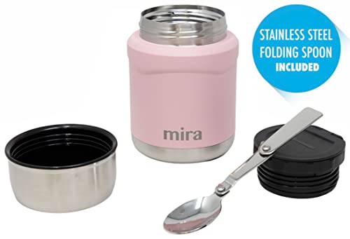MIRA Thermos for Hot Food & Soup - 15 oz Insulated Food Jar with Foldable Spoon - Leak Proof Stainless Steel Thermal Storage Lunch Container, Canteen, Double Walled, Pink