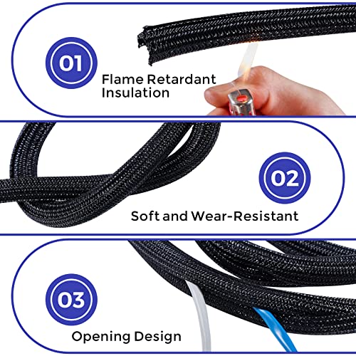 Cord Sleeves for Cables 1/2in - 5ft Split Braided Cable Sleeve Black, Hard PE Cord Protectors from Pets,Keep Cats from Chewing Cords, Flexible Wire Wrap Sleeving Wire Sleeve for Computer Automotive