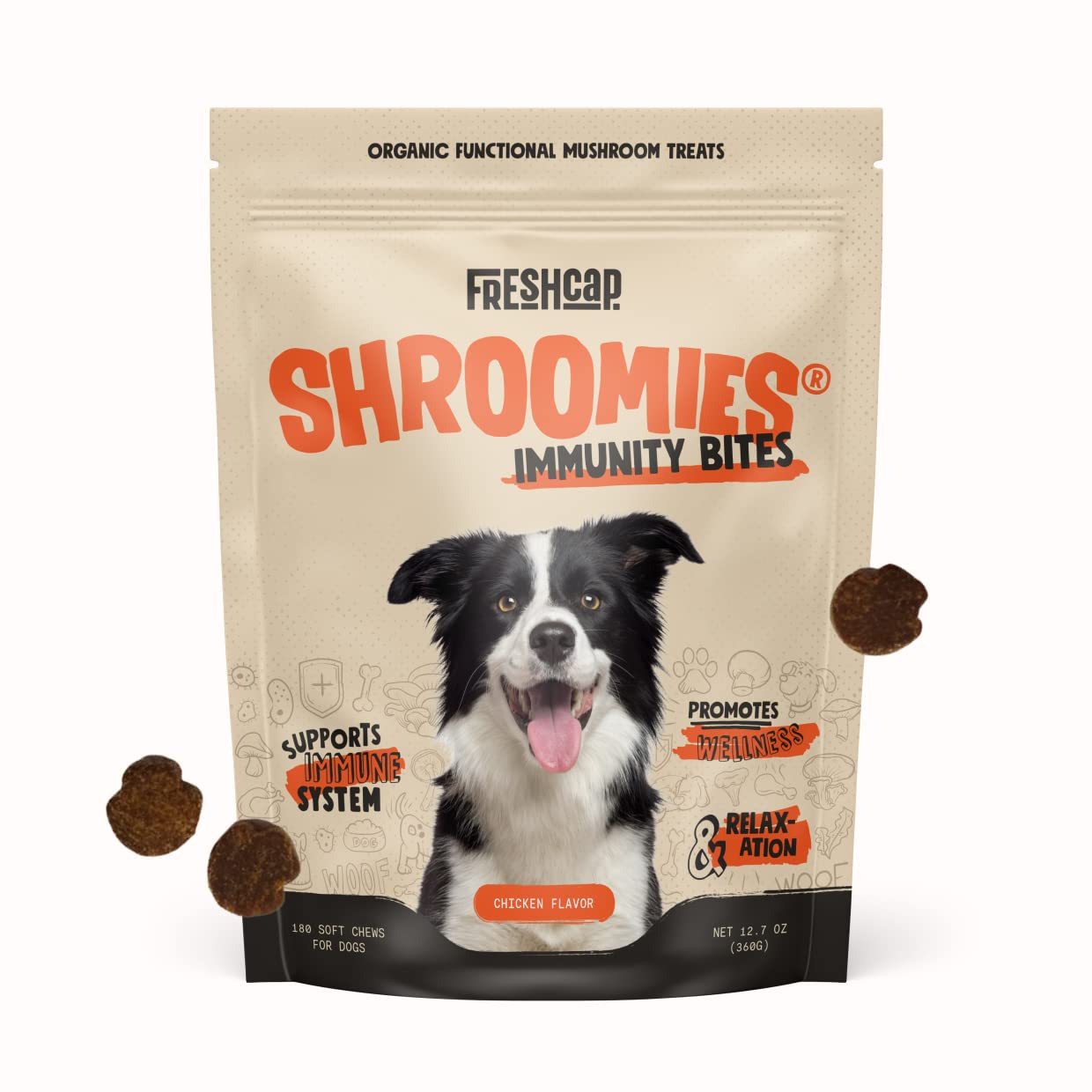 FreshCap Shroomies for Dogs - Turkey Tail Mushroom for Dogs, Immune Support Calming Chews, Treats Supplement with 7 Mushrooms for Cognition, Longevity, Cellular & Joint, Lipoma Removal, 180 Soft Chews