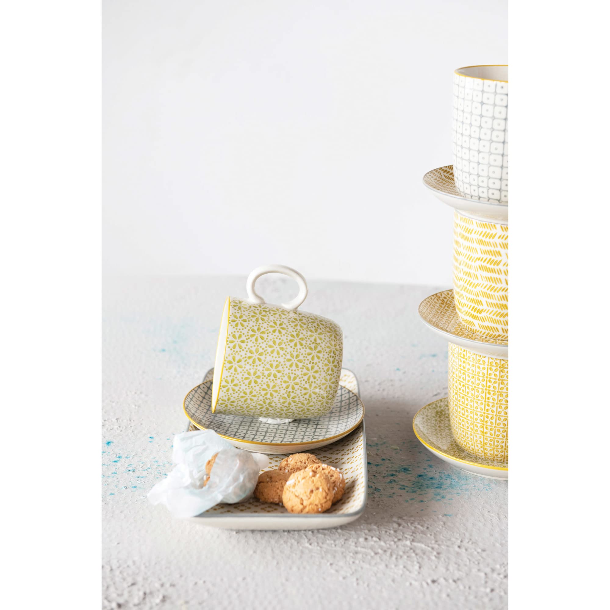 Creative Co-Op Hand-Stamped Stoneware Platter, 12" L x 6" W x 1" H, Mustard
