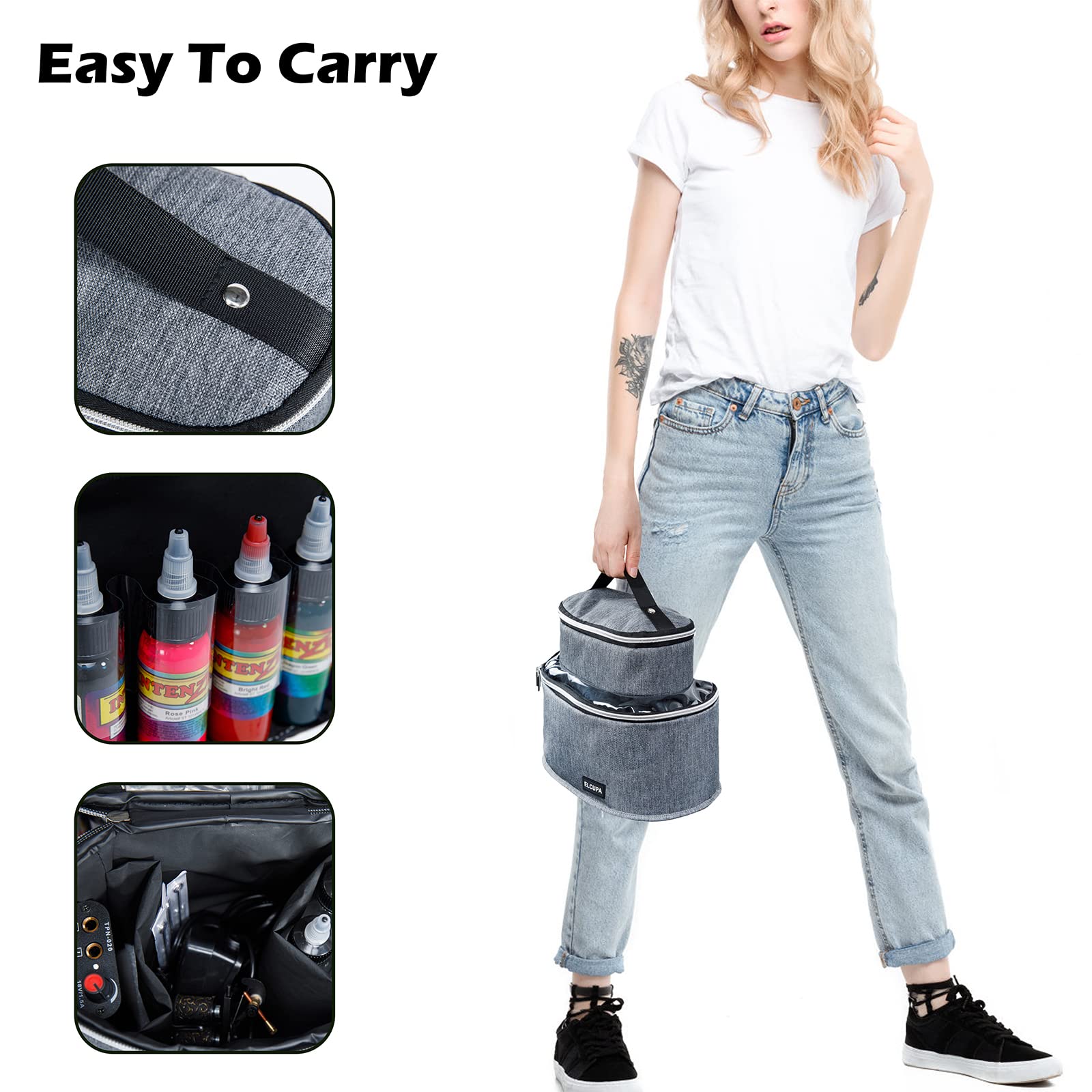 ELCUPA Tattoo Kit Organizer Case-Tattoo Ink Storage-Tattoo Supplies Carrying Bag Portable-Holds 30 Bottles-Tattoo Kits Bag, Grey, BAG ONLY, Patent Pending